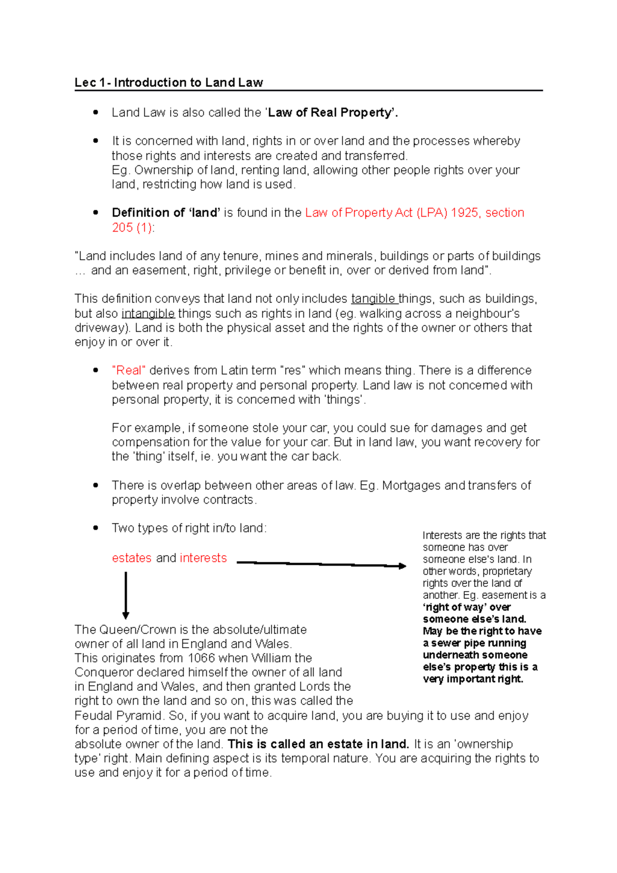1&2 - Intro to Land Law - Lecture notes 1-2 - Lec 1- Introduction to ...