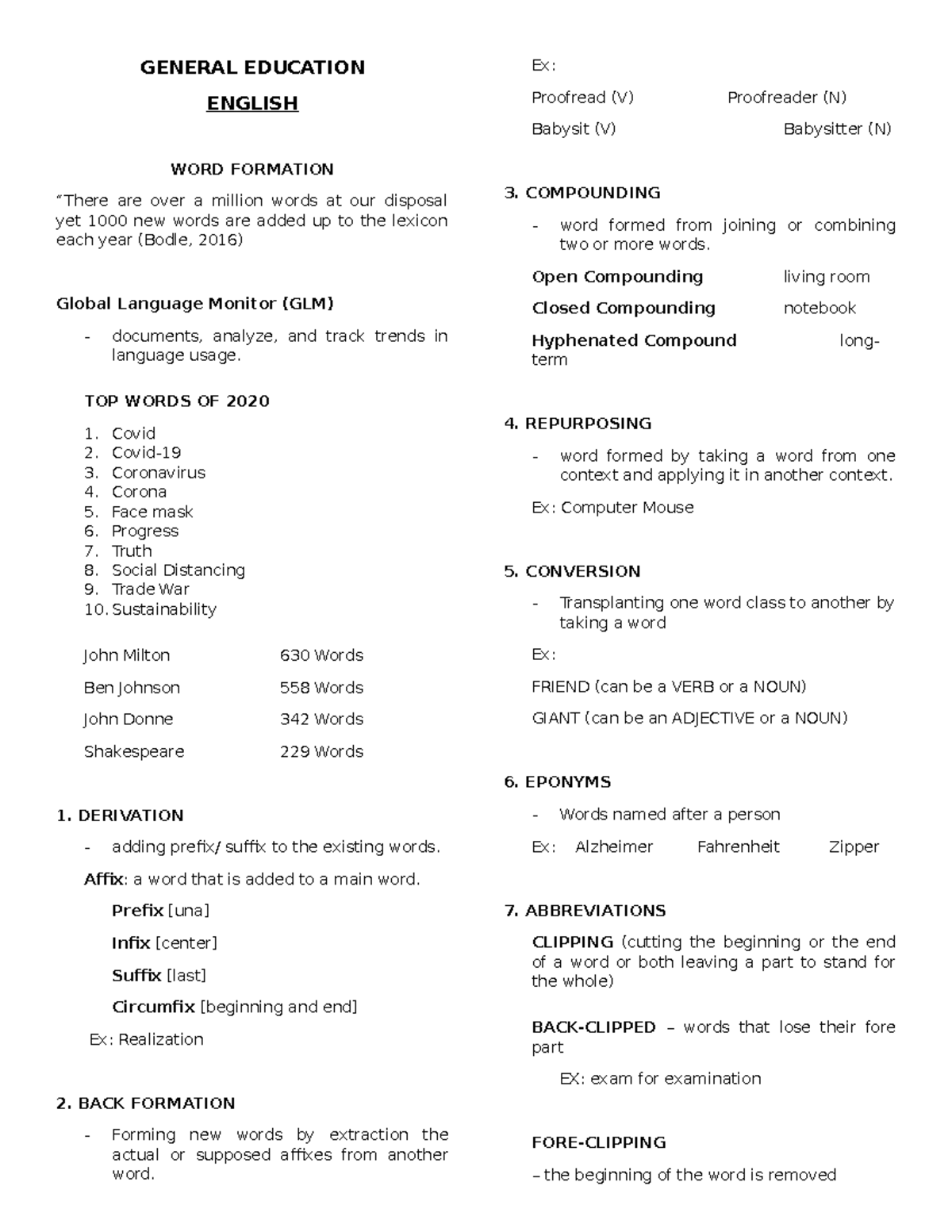 General Education English - GENERAL EDUCATION ENGLISH WORD FORMATION ...