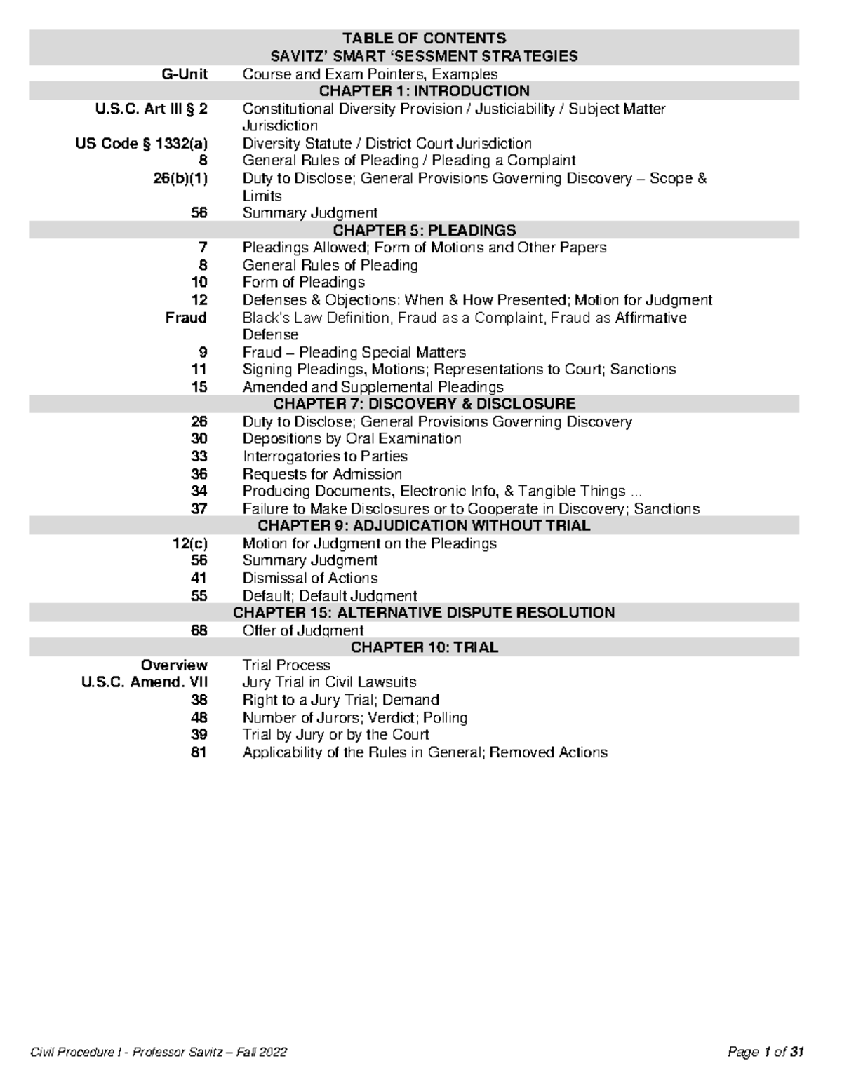 Savitz Civ Pro I Fall 2022 - TABLE OF CONTENTS SAVITZ’ SMART ‘SESSMENT ...