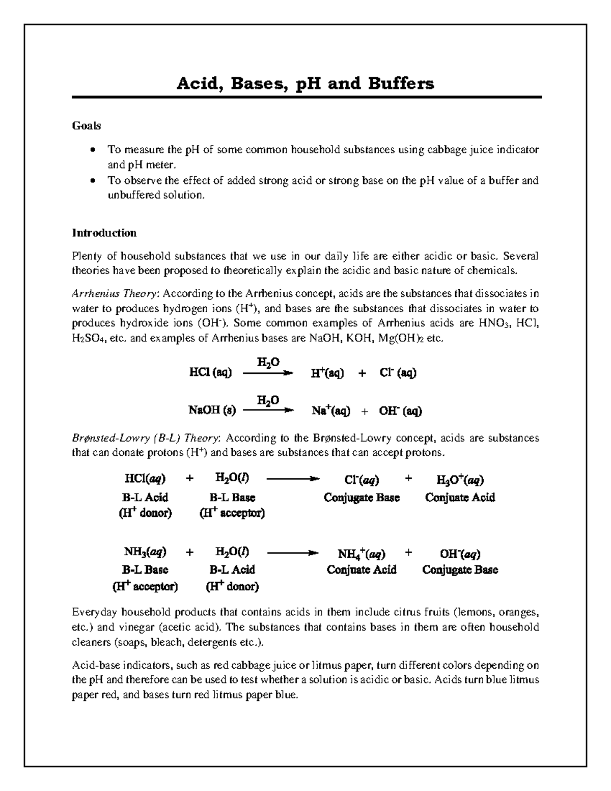 Acids, Bases, p H and Buffer - Acid, Bases, pH and Buffers Goals To ...