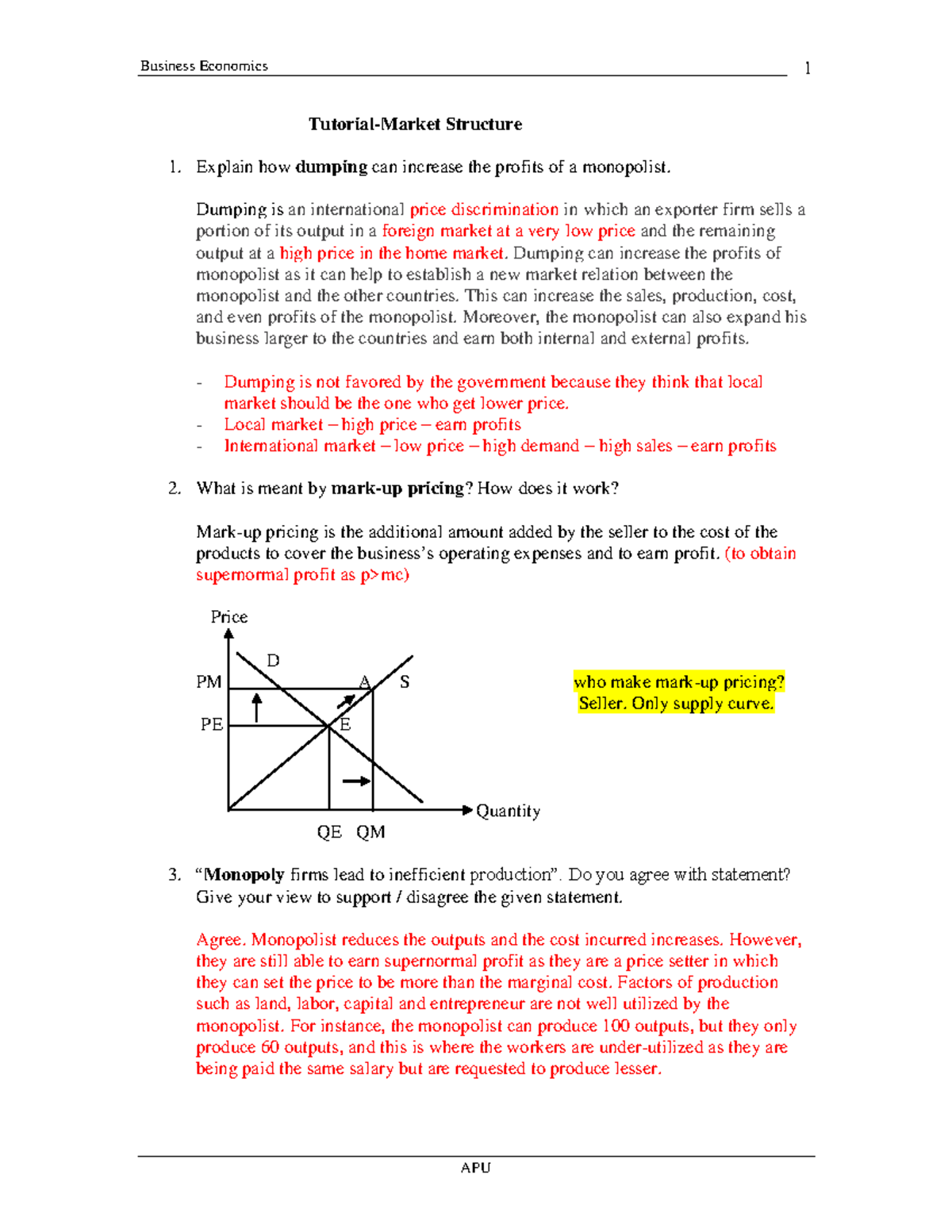Monopoly tutorial - Business Economics APU 1 Tutorial-Market Structure ...