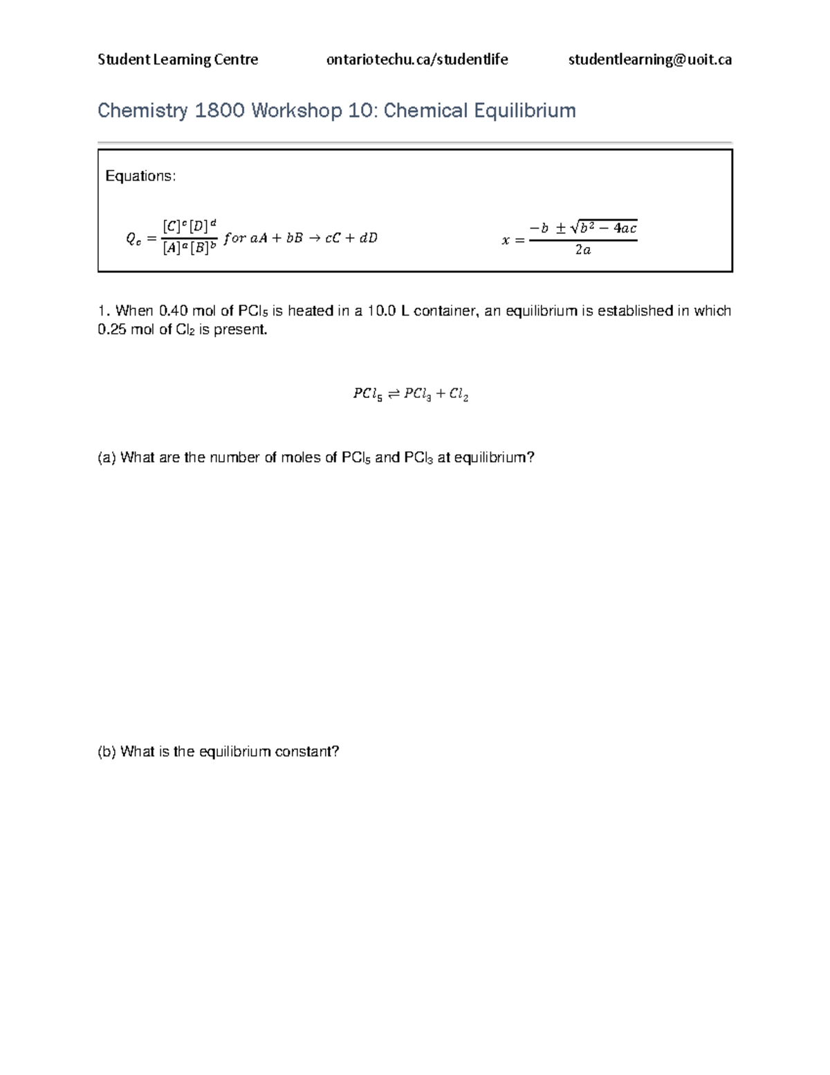 WS 10 Equilibrium - practice - Chemistry 1800 Workshop 10: Chemical ...