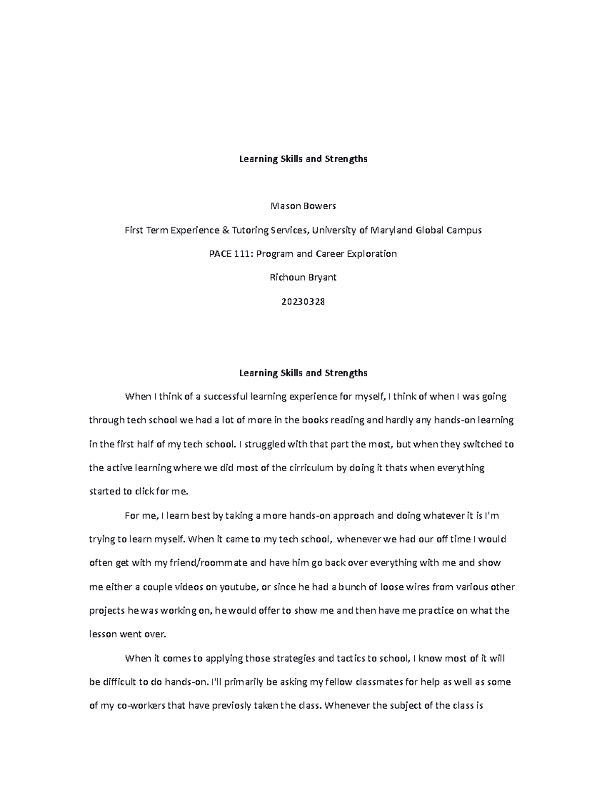 Unit 2 Assignment Mason bowers - Learning Skills and Strengths Mason ...