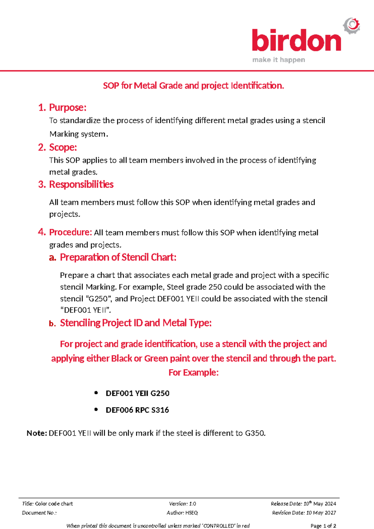 Color coding SOP - SOP for Metal Grade and project Identification. 1 ...