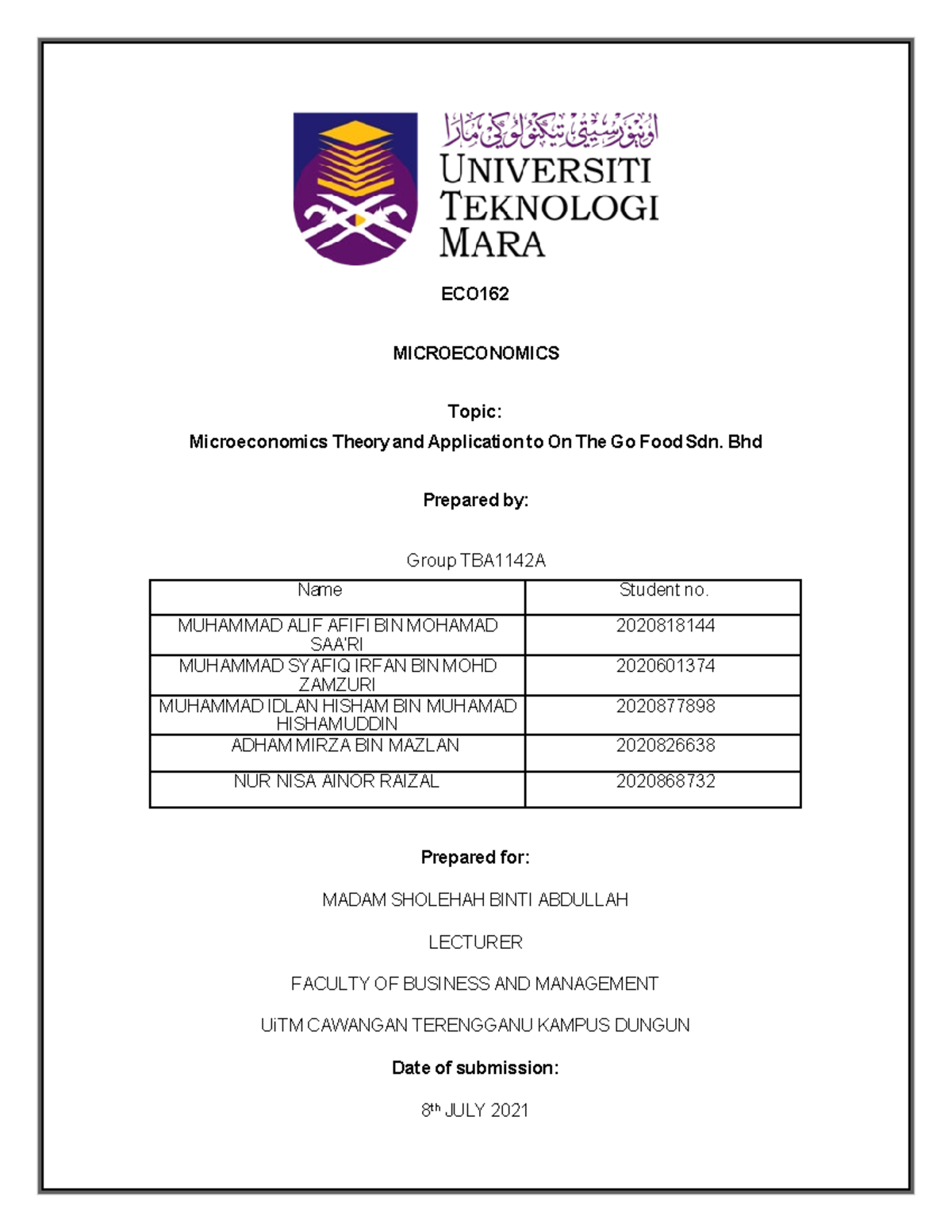 ECO 162 - ECO Assign - On The Go Food Sdn. Bhd - ECO MICROECONOMICS ...