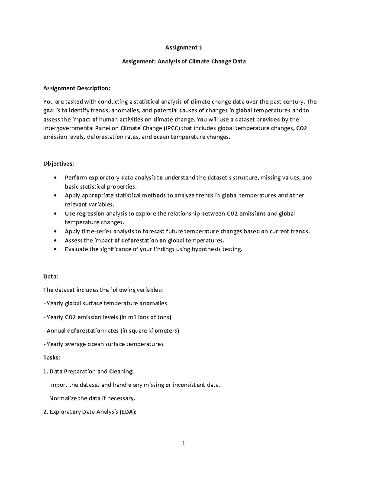 Assignment 1-15 - 1 Assignment 1 Assignment: Analysis of Climate Change Data Assignment ...