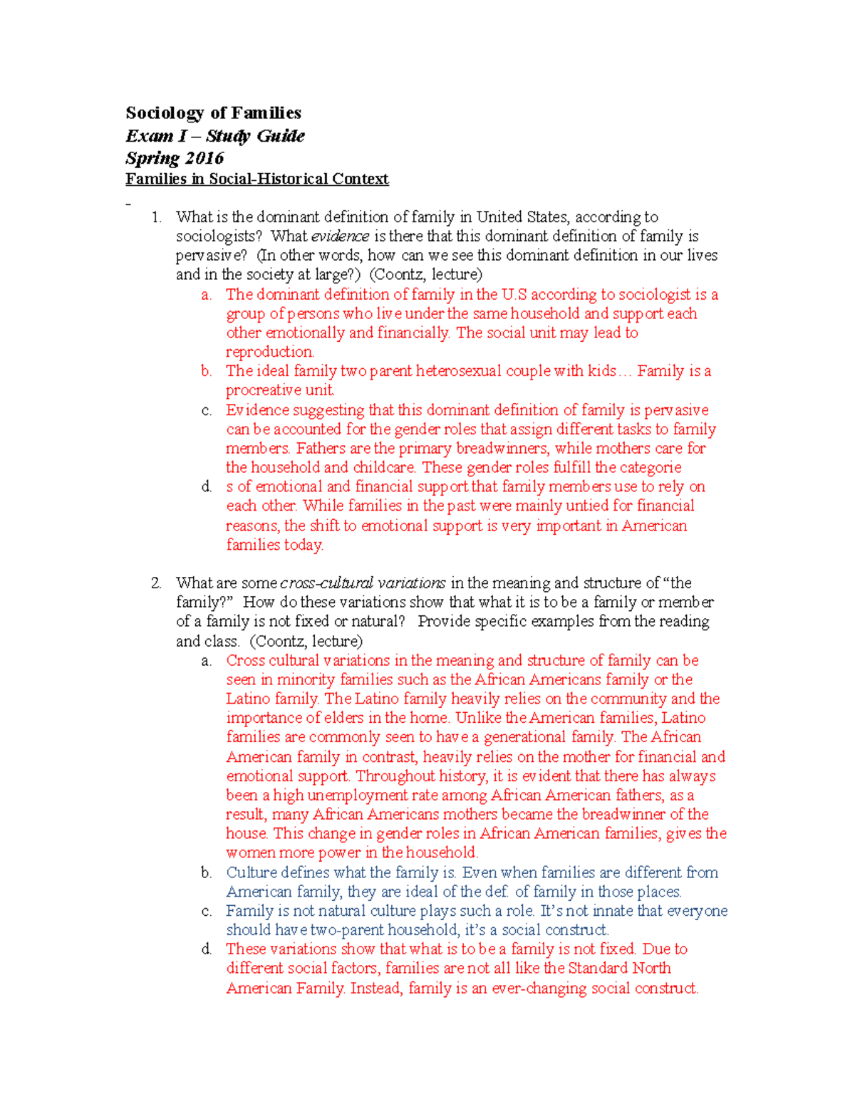 Socl of Family study guide 1 - Sociology of Families Exam I – Study ...
