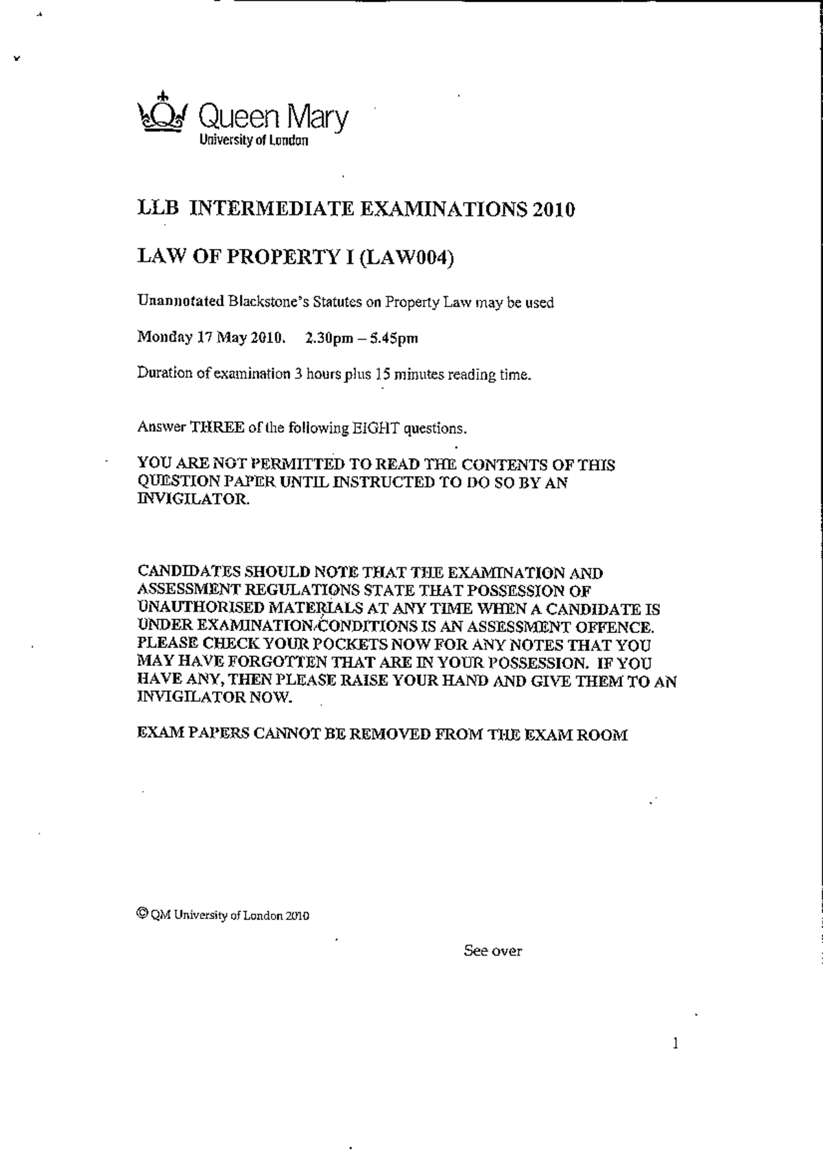 2010 - LAW004 Law of Property I exam paper - LAW4006 - QMUL - Studocu