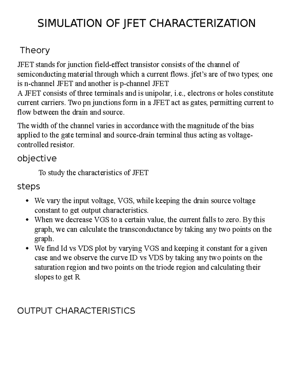 Document 6 - REPORT OF LAB - SIMULATION OF JFET CHARACTERIZATION Theory ...