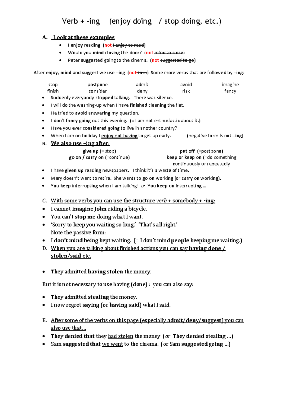 Verbs + -ing -enjoy doing, stop doing, etc - Verb + -ing (enjoy doing ...