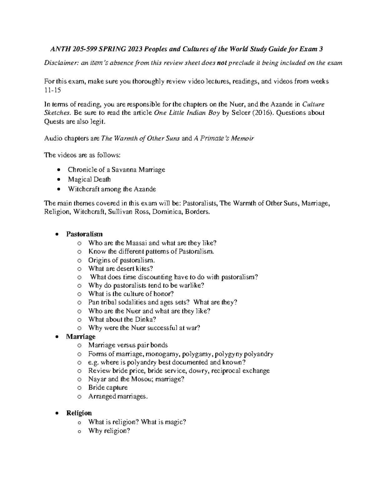 ANTH205599 review sheet Exam #3 - ANTH 205-599 SPRING 2023 Peoples and ...