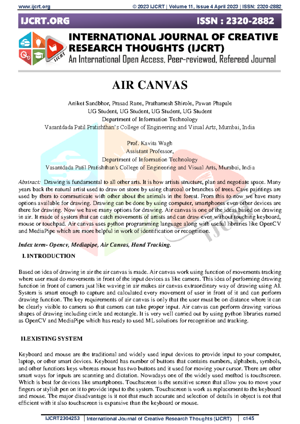Ijcrt 2304253 - Research Paper - AIR CANVAS Aniket Sandbhor, Prasad ...