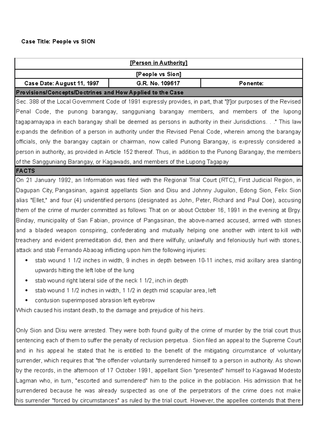 Case 226 People vs Sion - Case Title: People vs SION [Person in ...