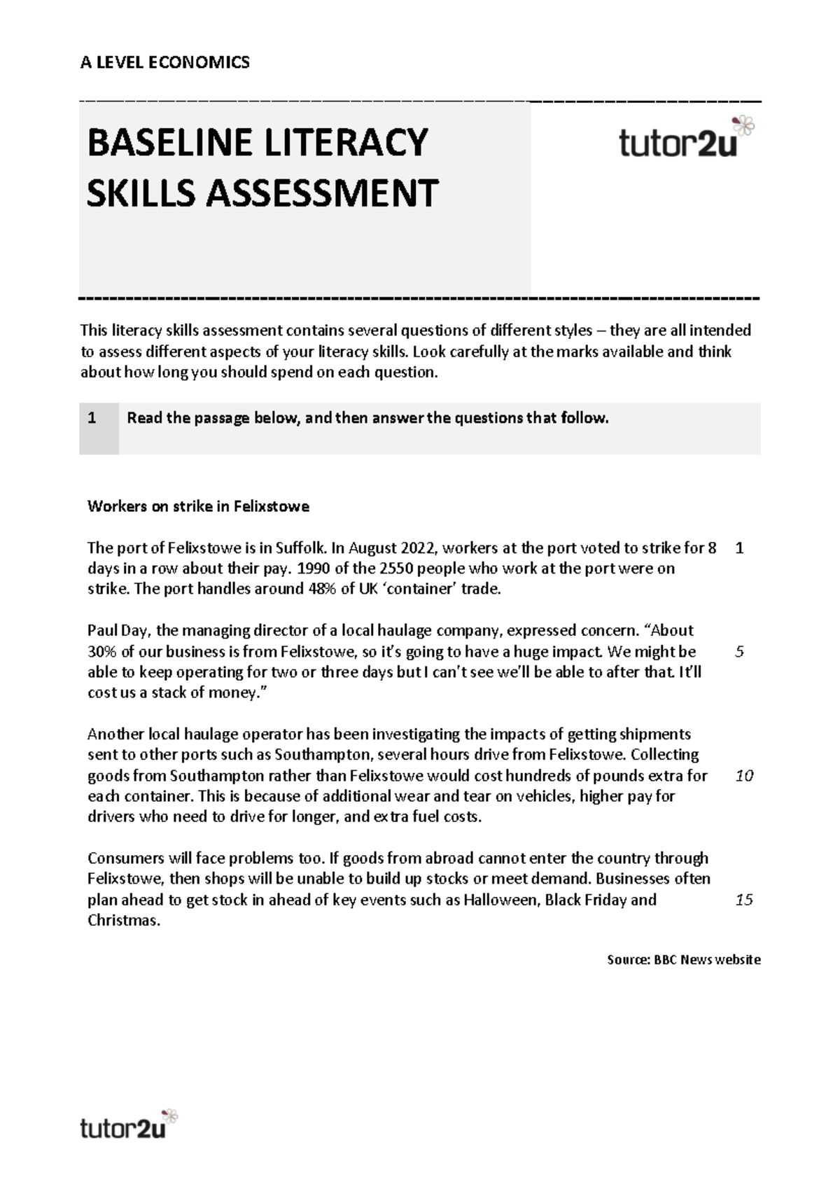 Alevel Economics Initial Literacy Skills Assessment - BASELINE LITERACY ...