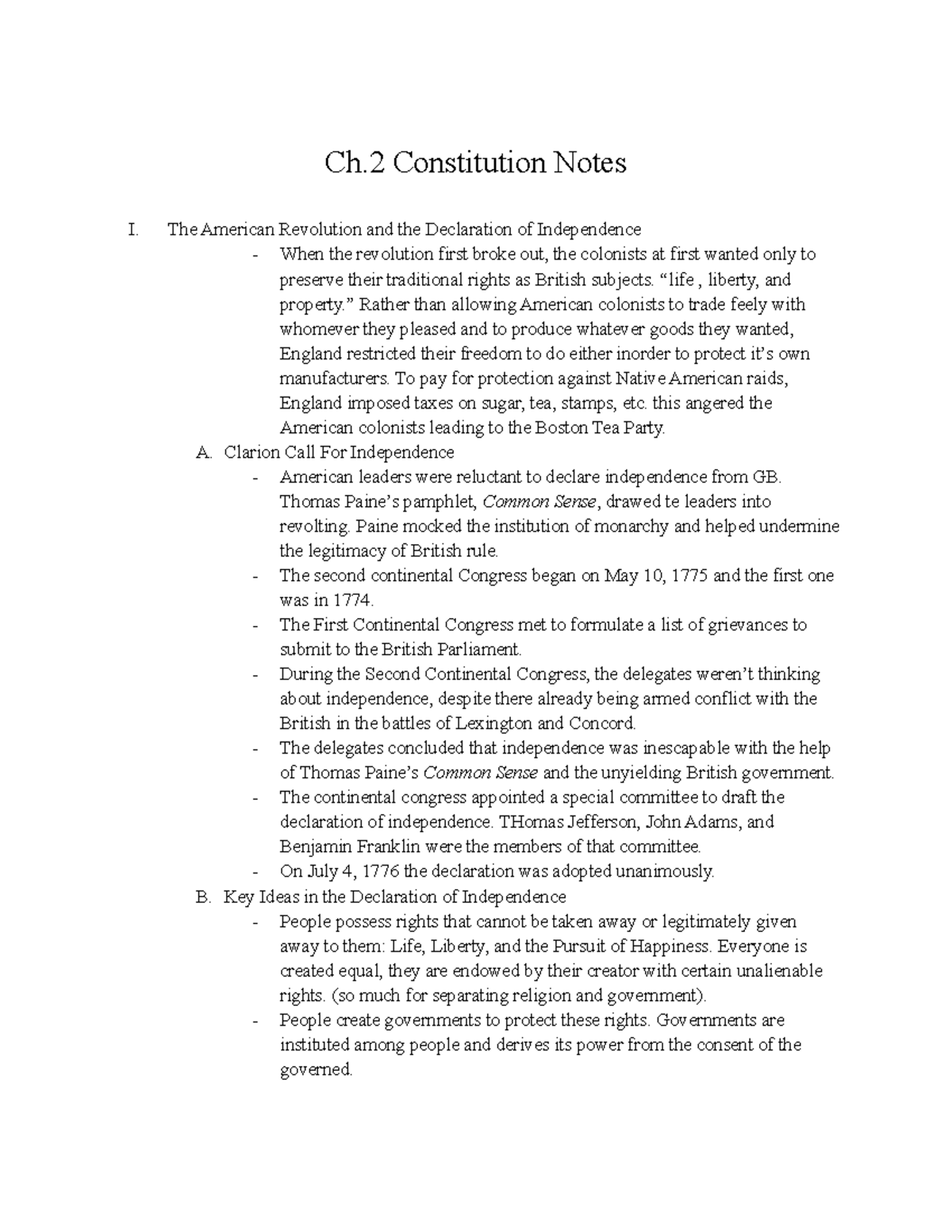 Chapter 2 Constitution Notes - Ch Constitution Notes I. The American ...