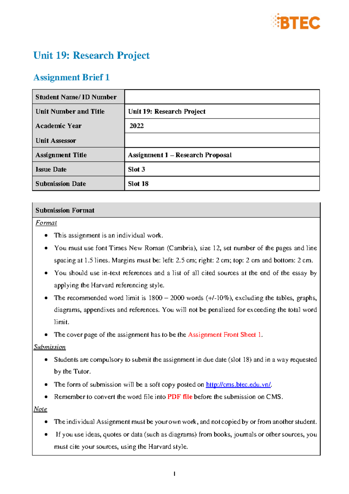 5060 Assignment 1 Brief 2022 - Unit 19: Research Project Assignment ...
