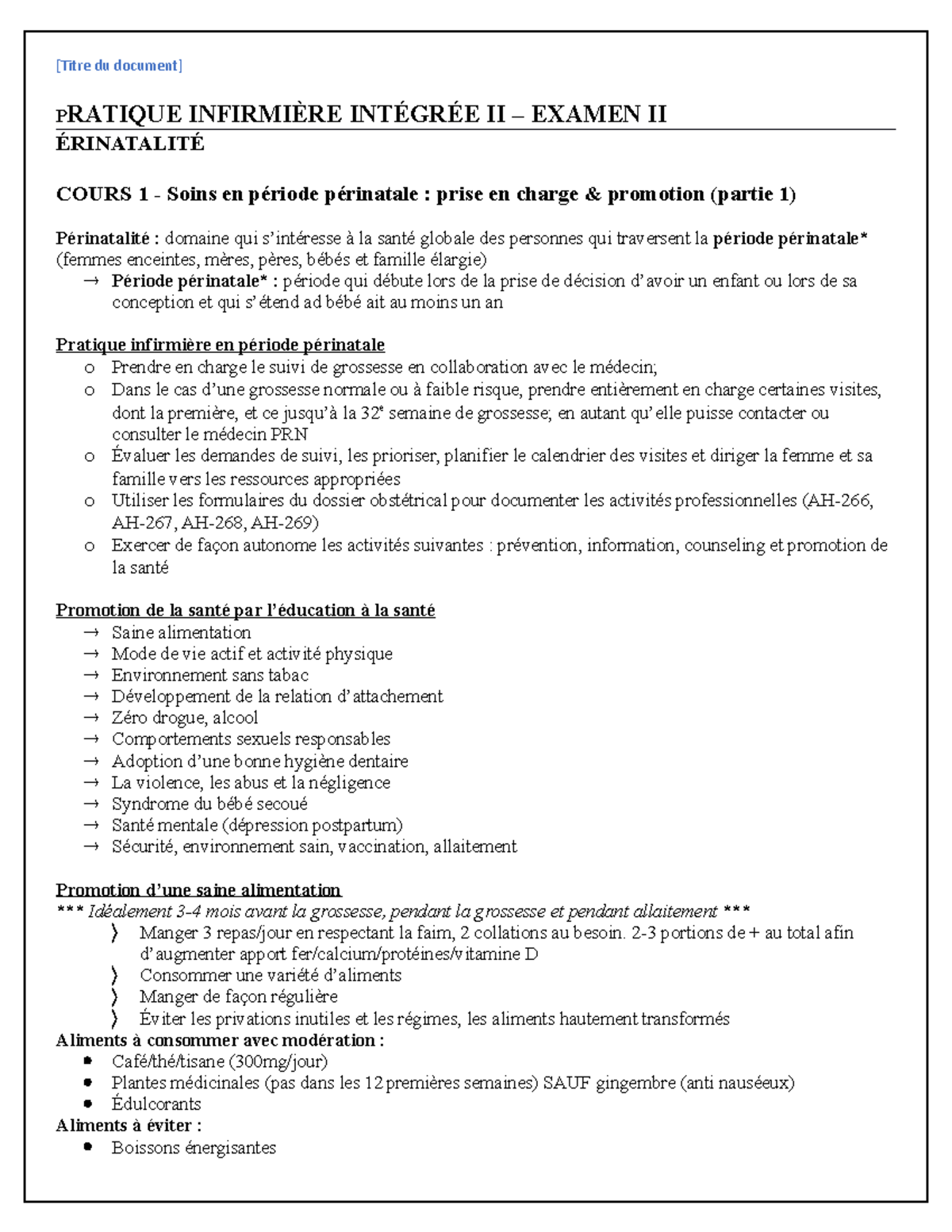 Doc détude examen 2 - notes de cours - PRATIQUE INFIRMIÈRE INTÉGRÉE II ...