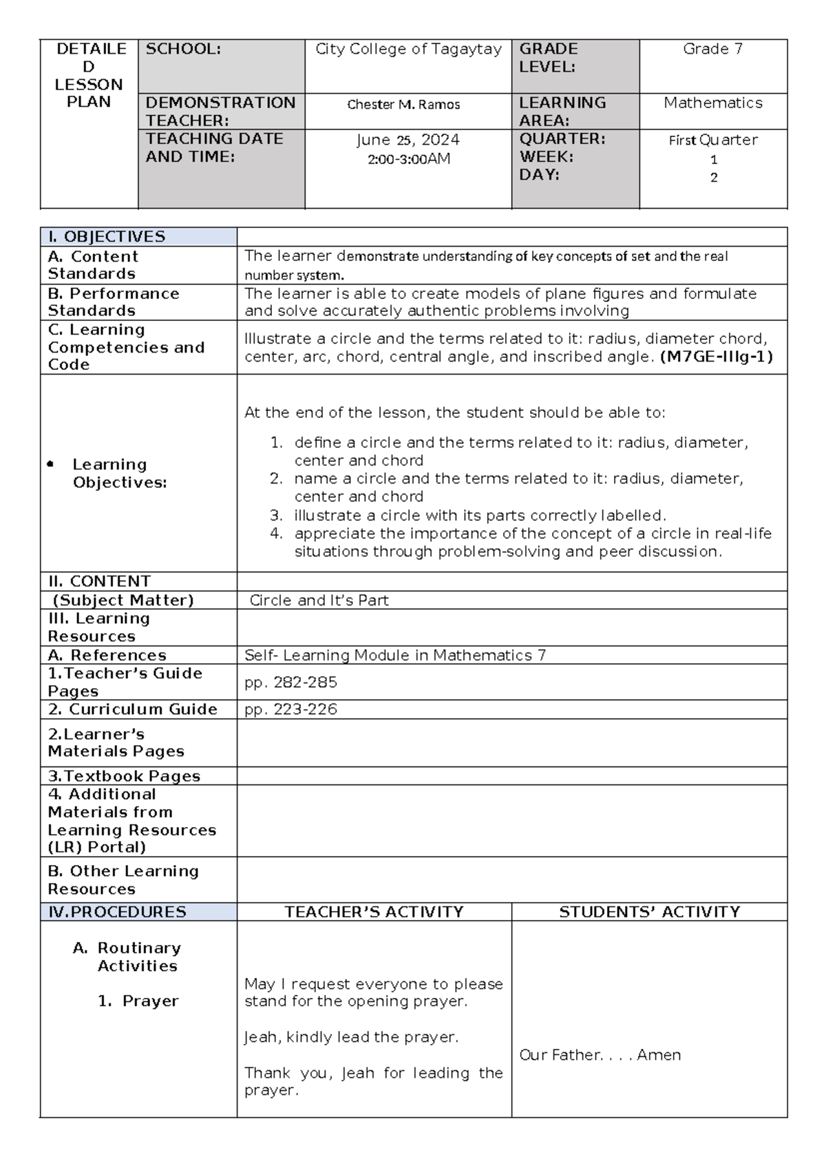 MATH-DLP- Sample - DETAILE D LESSON PLAN SCHOOL: City College of ...