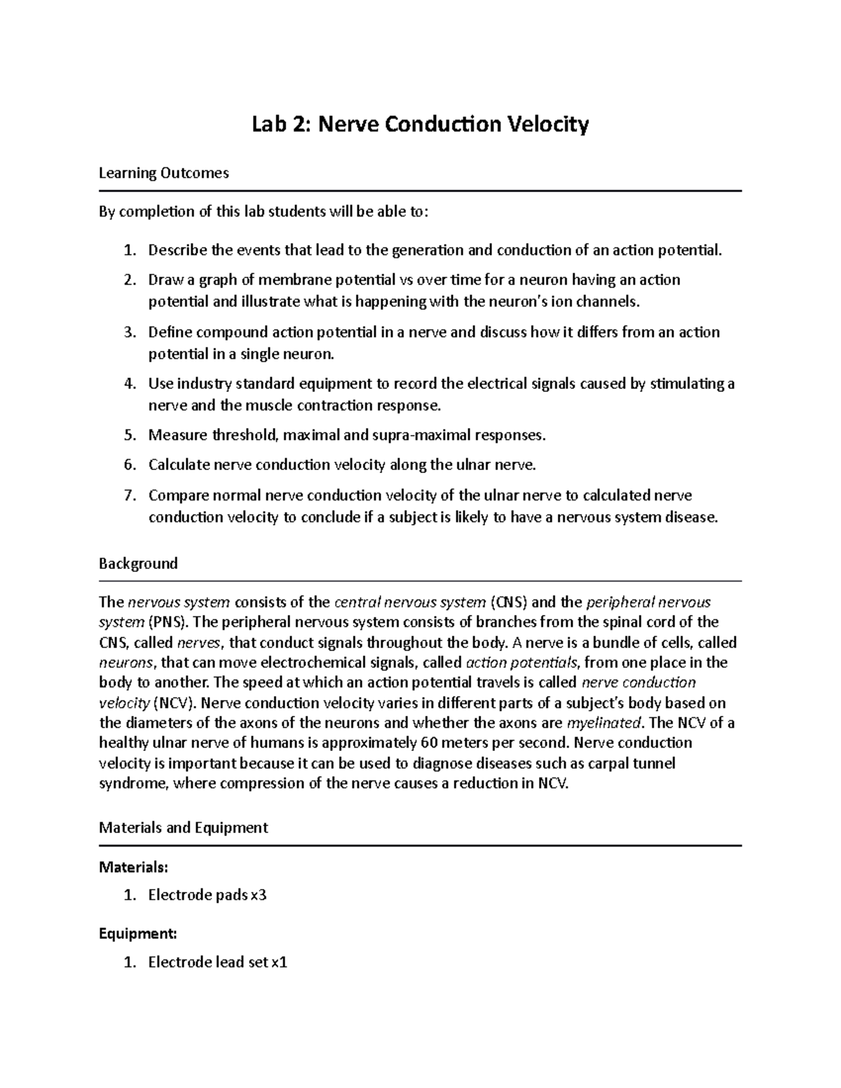 Human Phys Lab 2 - Lab 2: Nerve Conduction Velocity Learning Outcomes ...