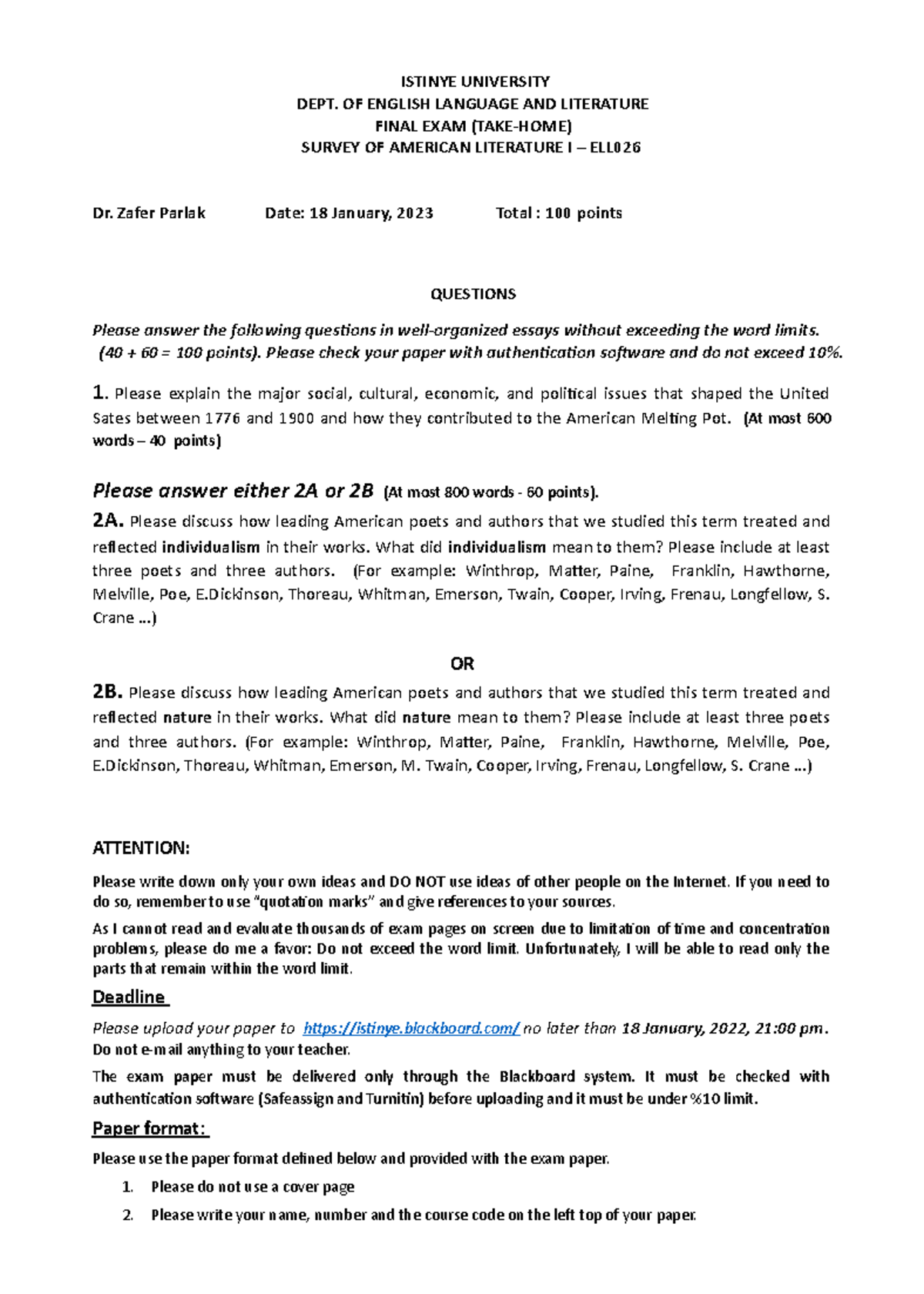 ELL026 Final EXAM - American Literature I - 18 January 2023 - ISTINYE ...