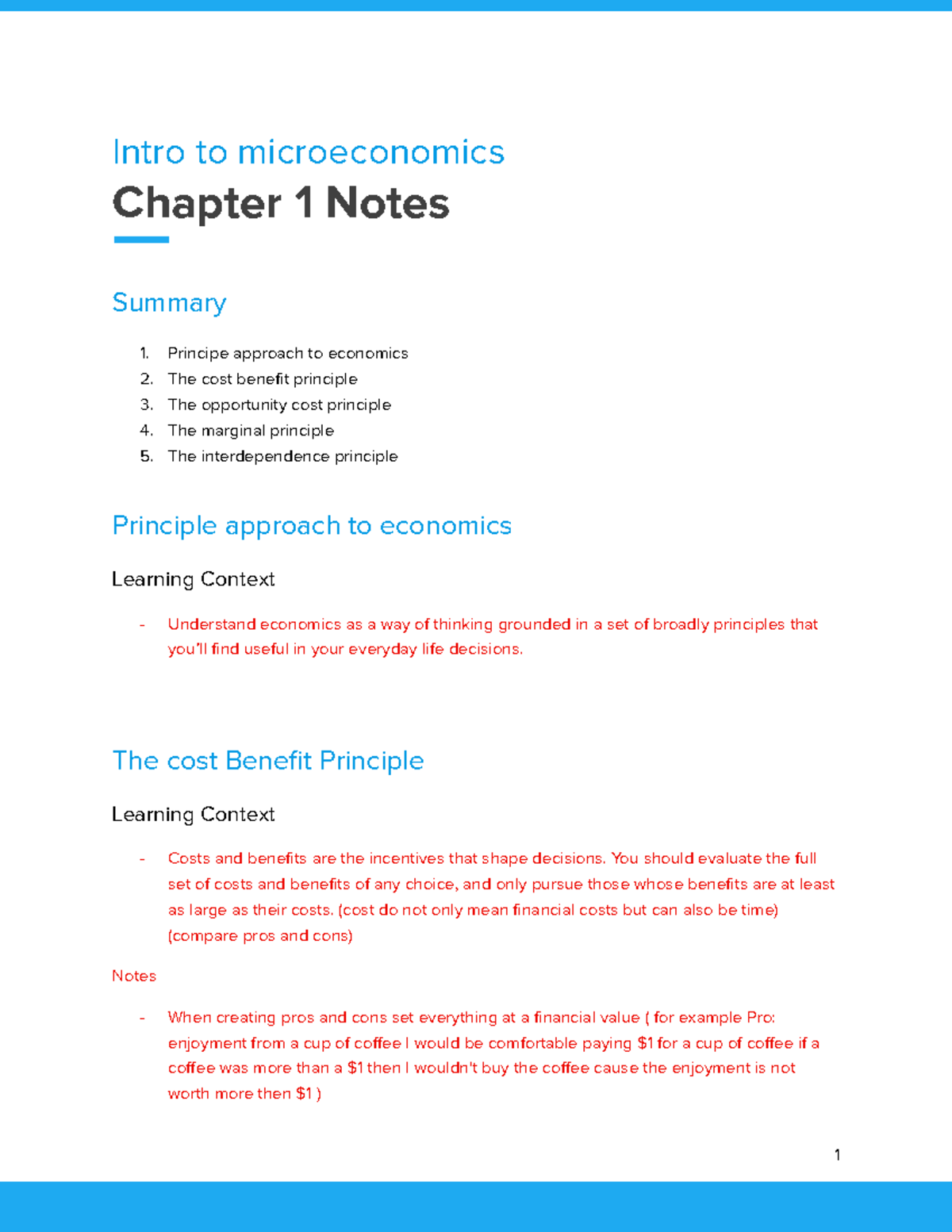 Micro ch1 - ch.1notes - Intro to microeconomics Chapter 1 Notes Summary ...