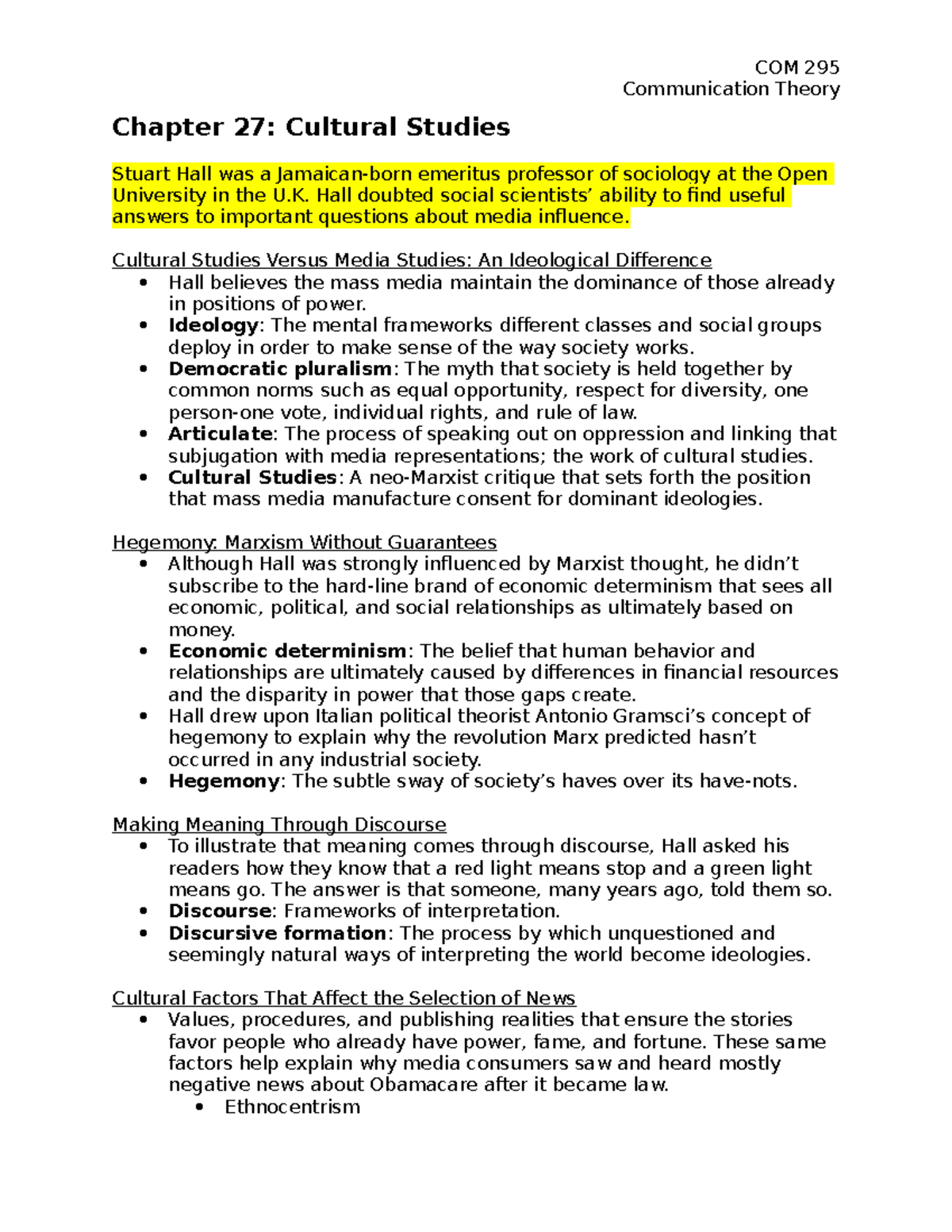 Chapter 27 Cultural Studies - COM 295 Communication Theory Chapter 27 ...