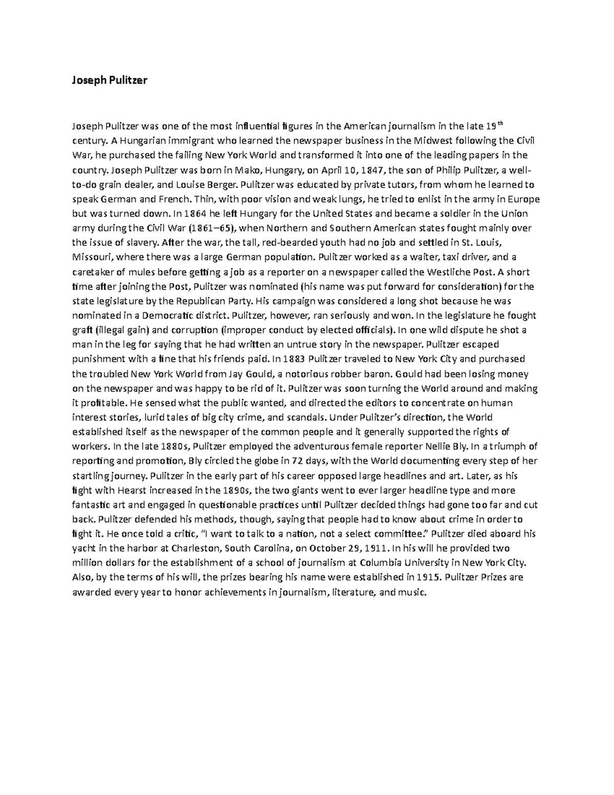 Document 9 - Joseph Pulitzer - Joseph Pulitzer Joseph Pulitzer was one ...