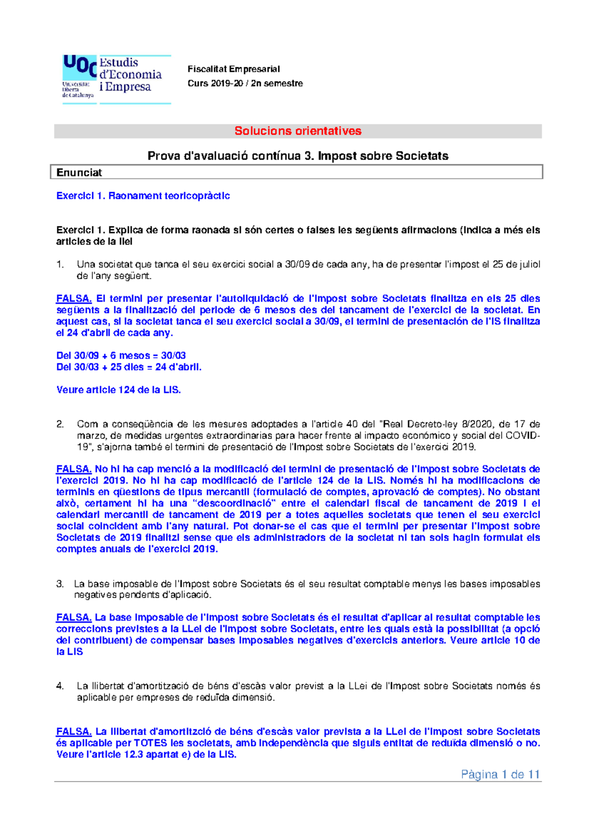 01514 Fiscalitat Empresarial PAC3 Proposta de Solucions 2on semestre 2019-2020 - Fiscalitat ...