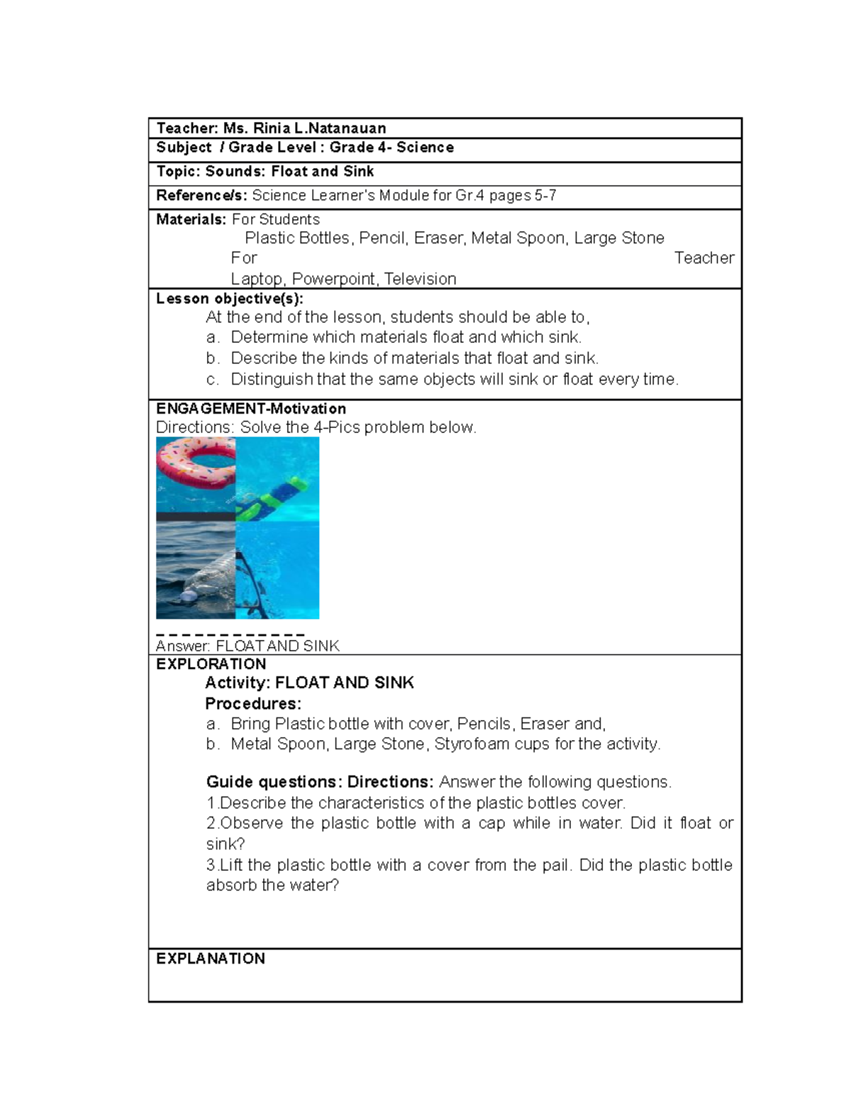 5E lesson plan science - Teacher: Ms. Rinia L Subject / Grade Level ...