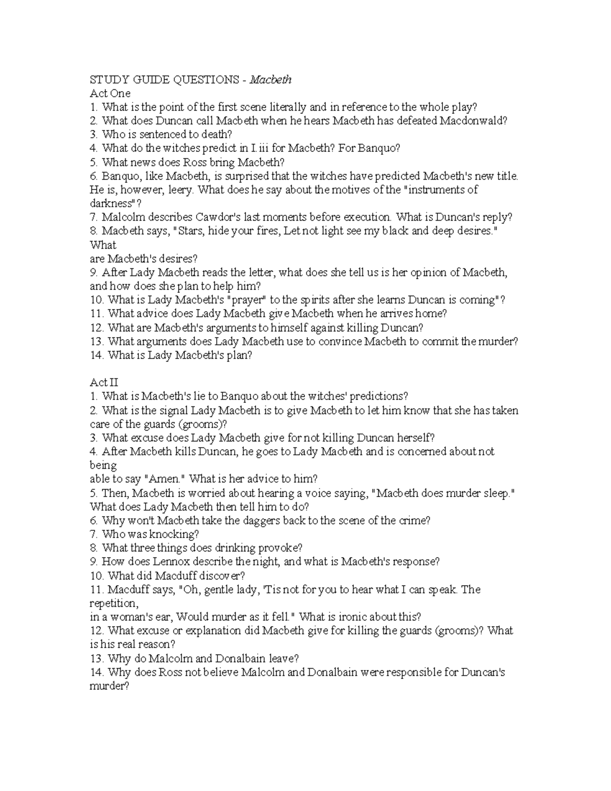 Macbeth Study Guide Questions - STUDY GUIDE QUESTIONS - Macbeth Act One ...