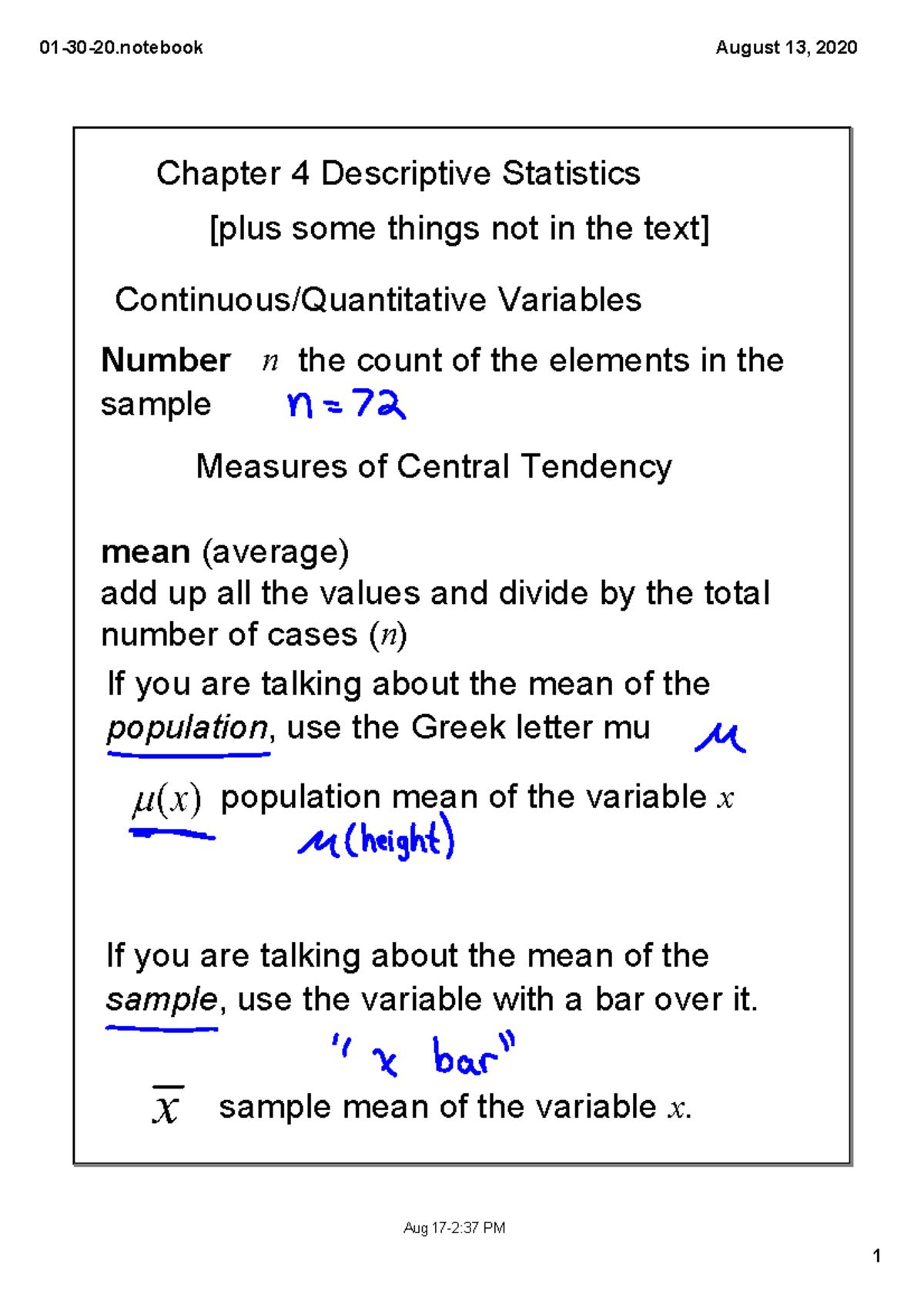 8 Chapter 4a - lecture notes - Aug 172:37 PM Chapter 4 Descriptive ...
