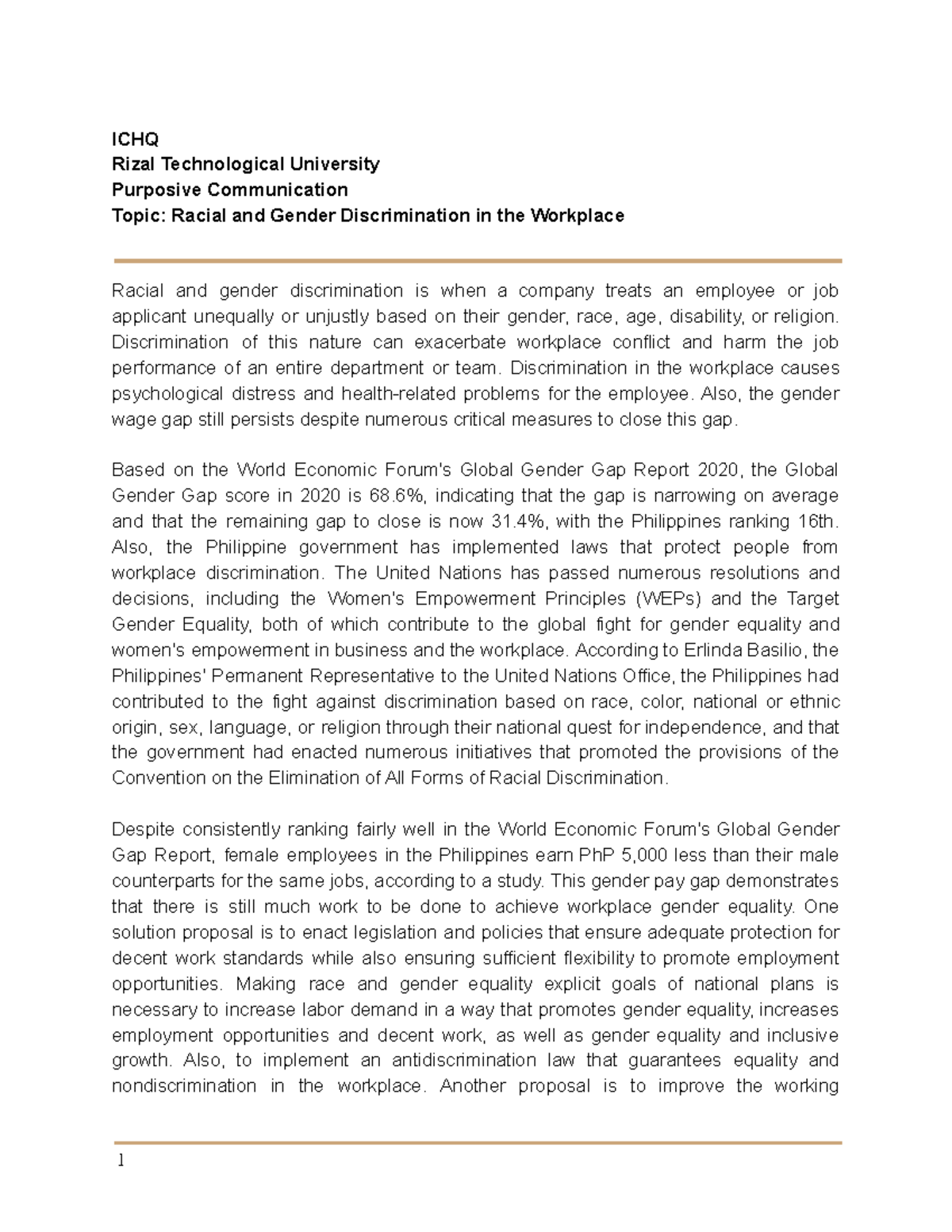 Position Paper: Racial and Gender Discrimination in the Workplace ...