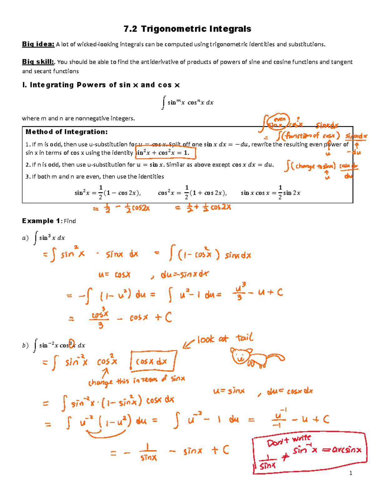 7 - Chapter 7.2 Full Review - 7 Trigonometric Integrals Big idea: A lot ...