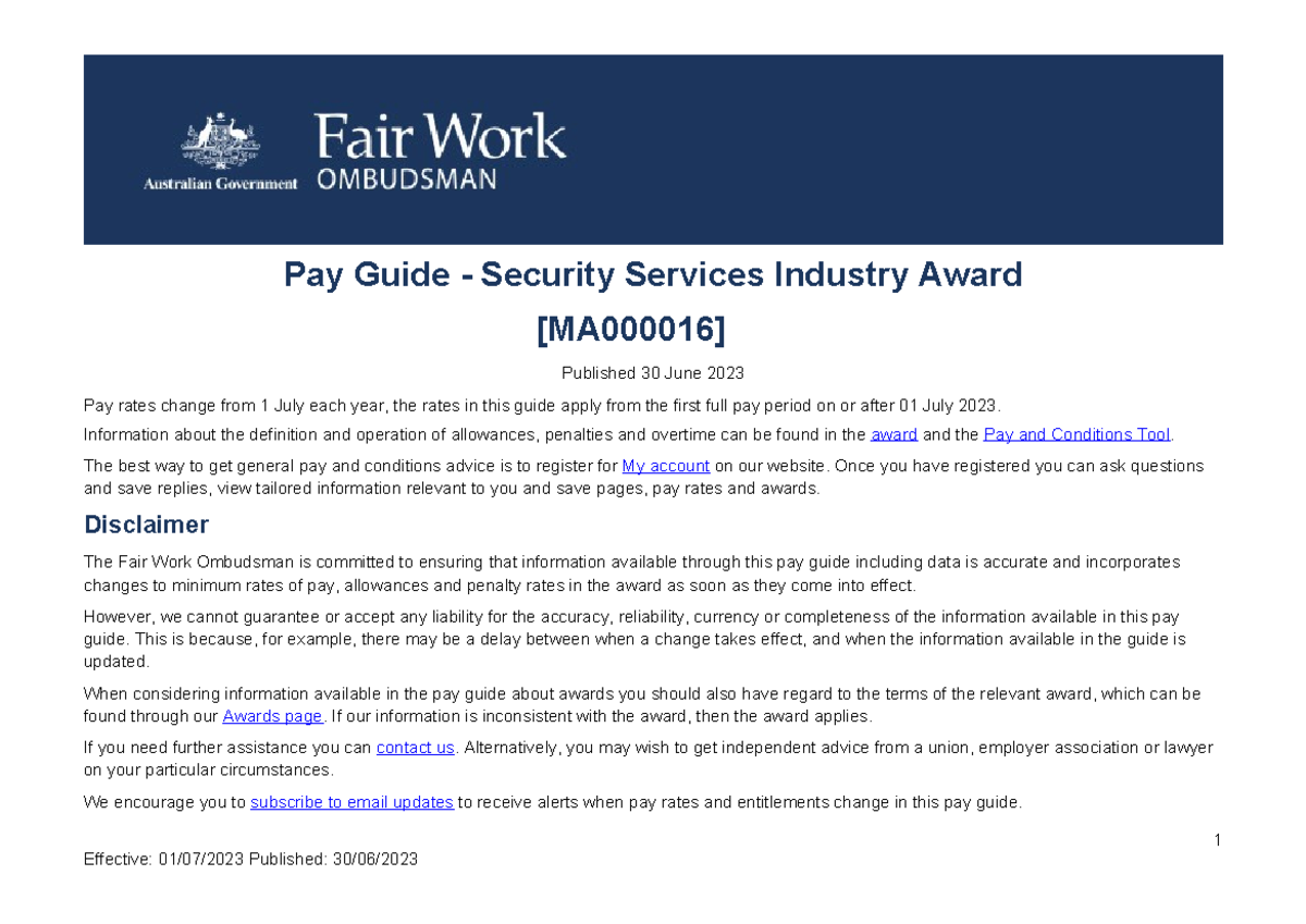 Payguides MA000016 - 1 July 2023 - Pay Guide - Security Services Industry Award [MA000016 ...