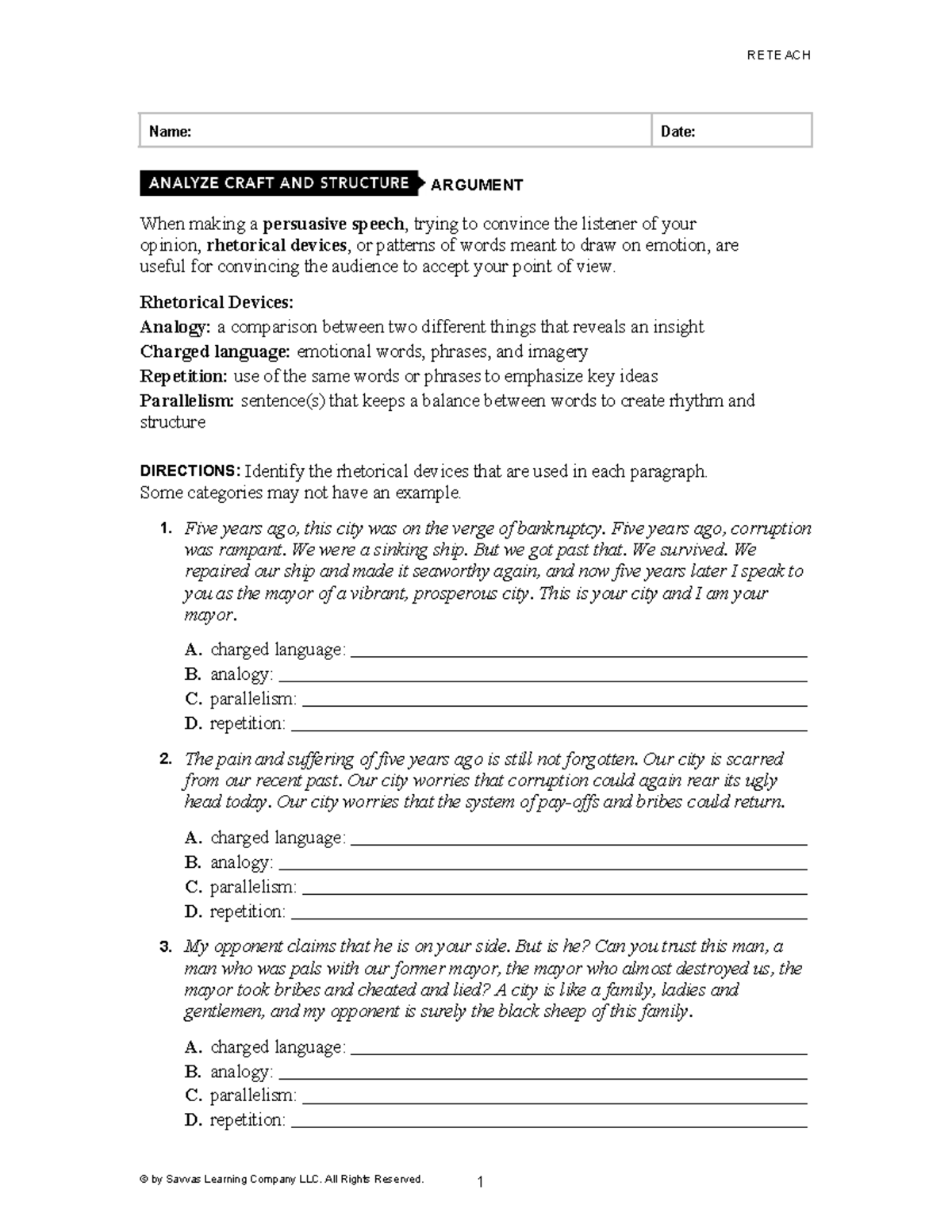 LIT17 ANC G9U3 IHavea CS RP - RETEACH Name: Date: ARGUMENT When making a persuasive speech ...