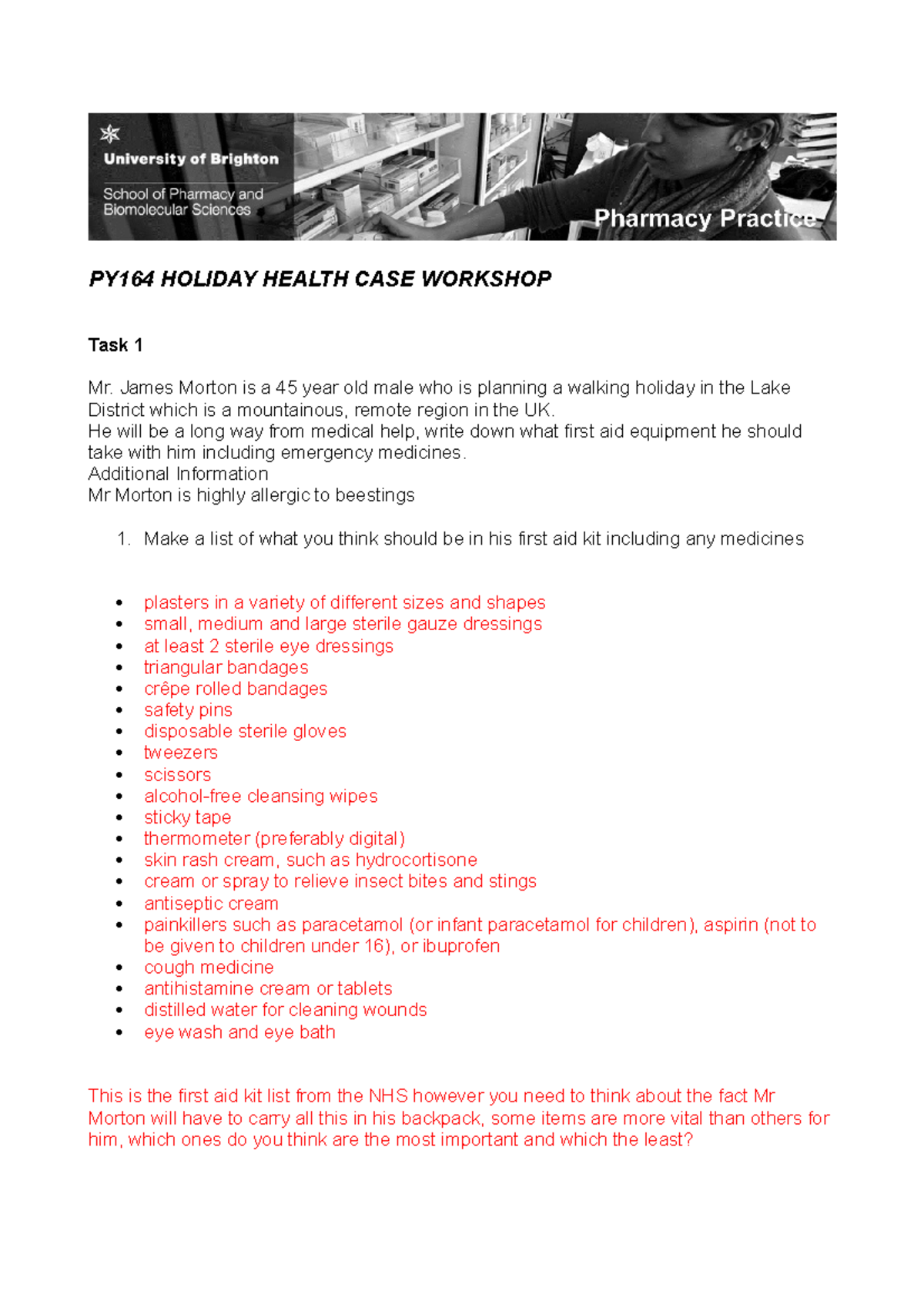 Holiday Health Workshop with answers 2020 - PY164 HOLIDAY HEALTH CASE ...