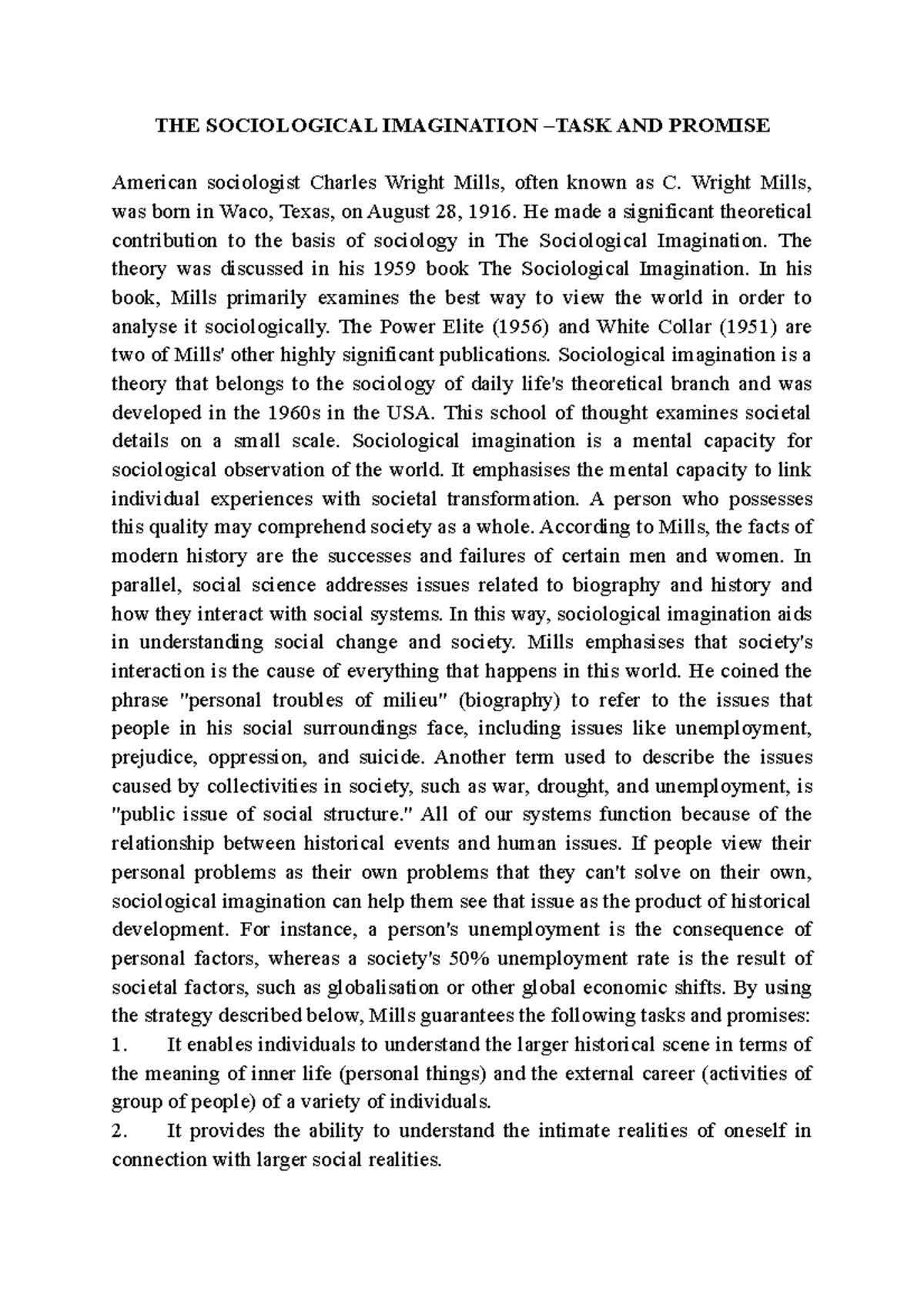 THE Sociological Imagination –TASK AND Promise - THE SOCIOLOGICAL ...