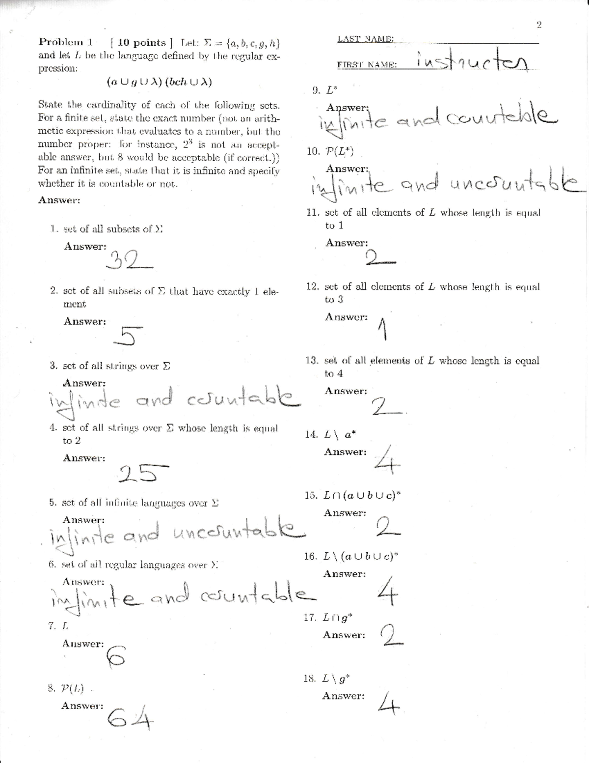 (CS320 OBRENIC) OLD Final Exam Solutions - 2 Problem 1 10 points Let: LAST NAME: and let L be ...