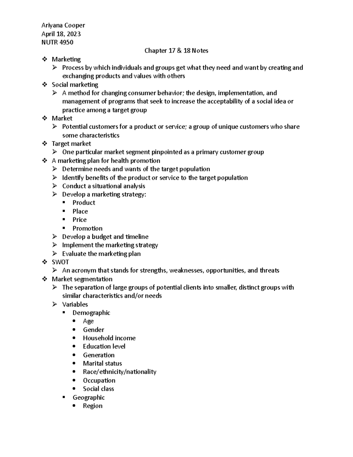 Chapter 17 and 18 Notes - Ariyana Cooper April 18, 2023 NUTR 4950 ...