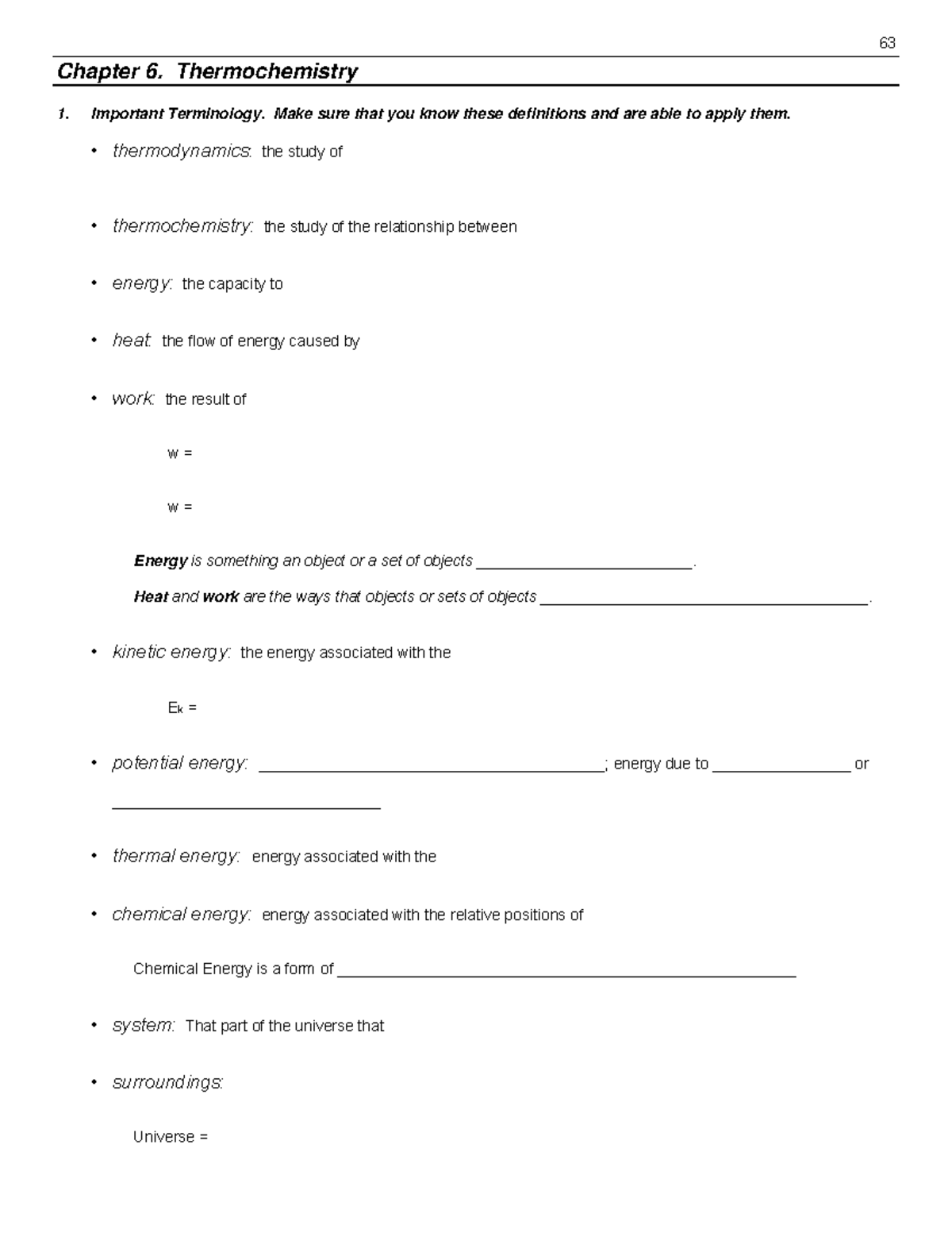 CHEM 1411 Ch 6 Lecture Notes Blank - Chapter 6. Thermochemistry 1 ...