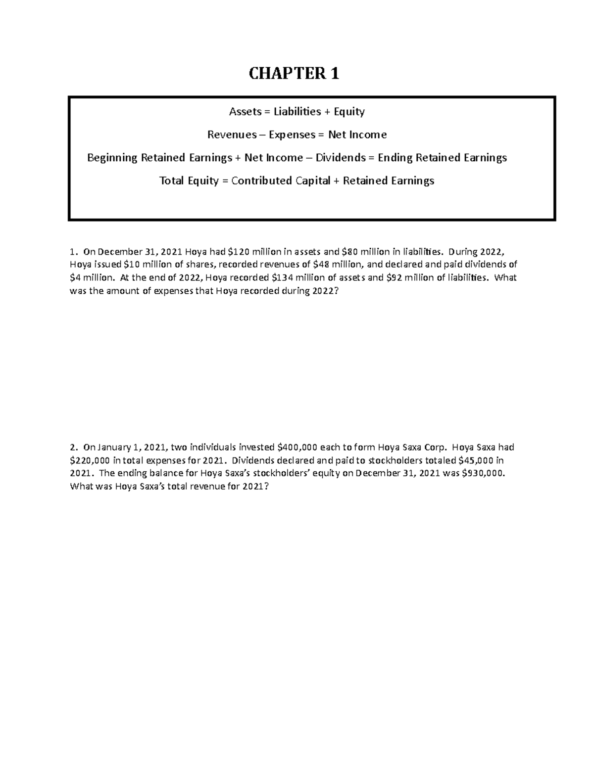 Chapter 1 Accounting Worksheet - Assets = Liabilities + Equity Revenues ...