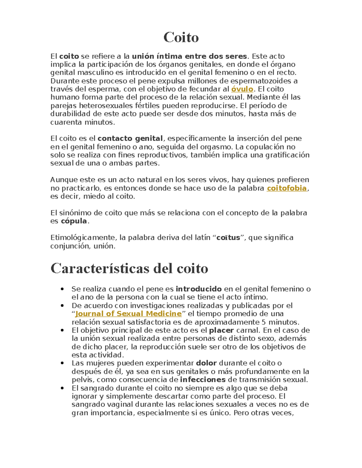 Coito - Coito El coito se refiere a la unión íntima entre dos seres ...