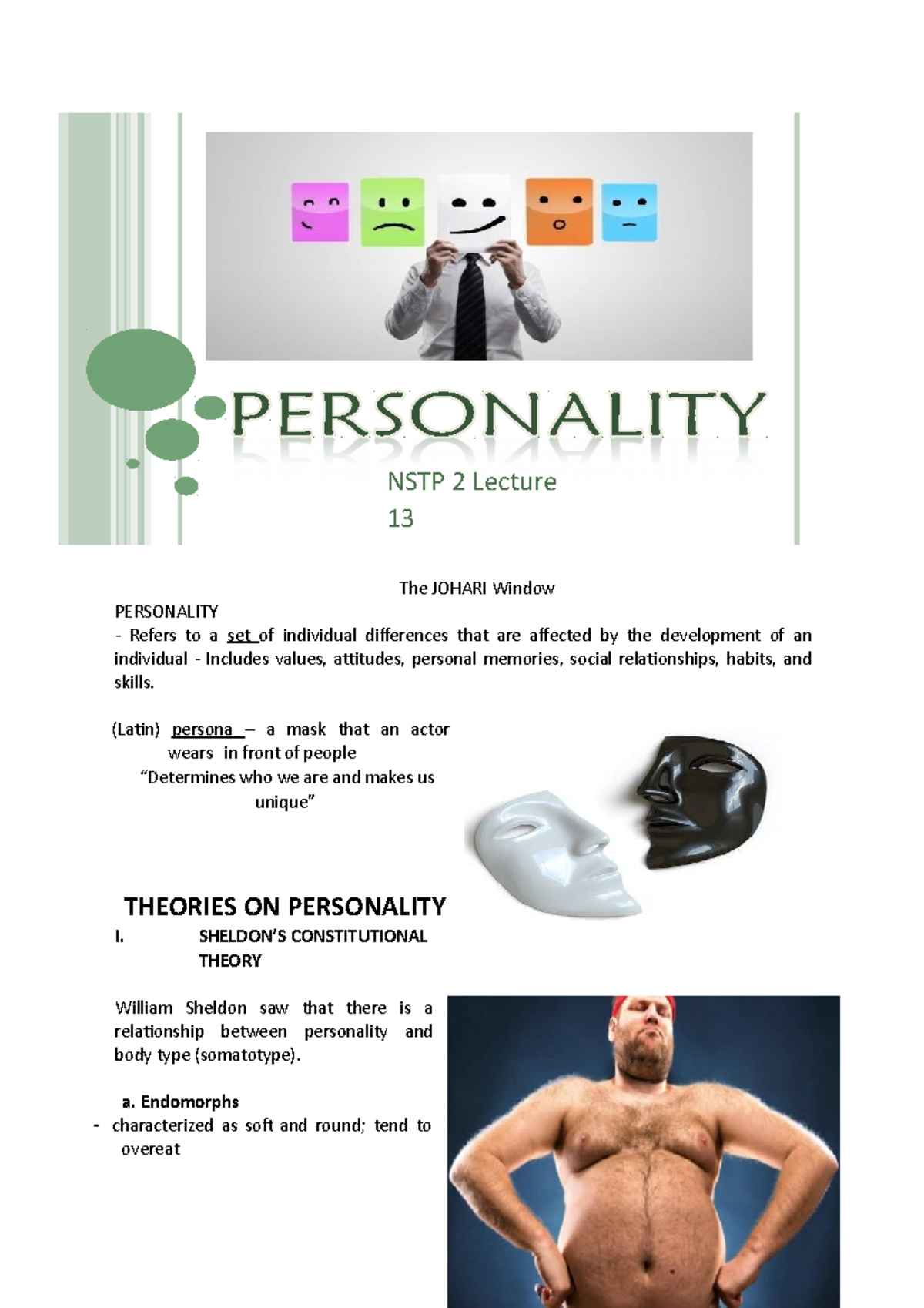 Personality Theories ON Personality - The JOHARI Window PERSONALITY ...