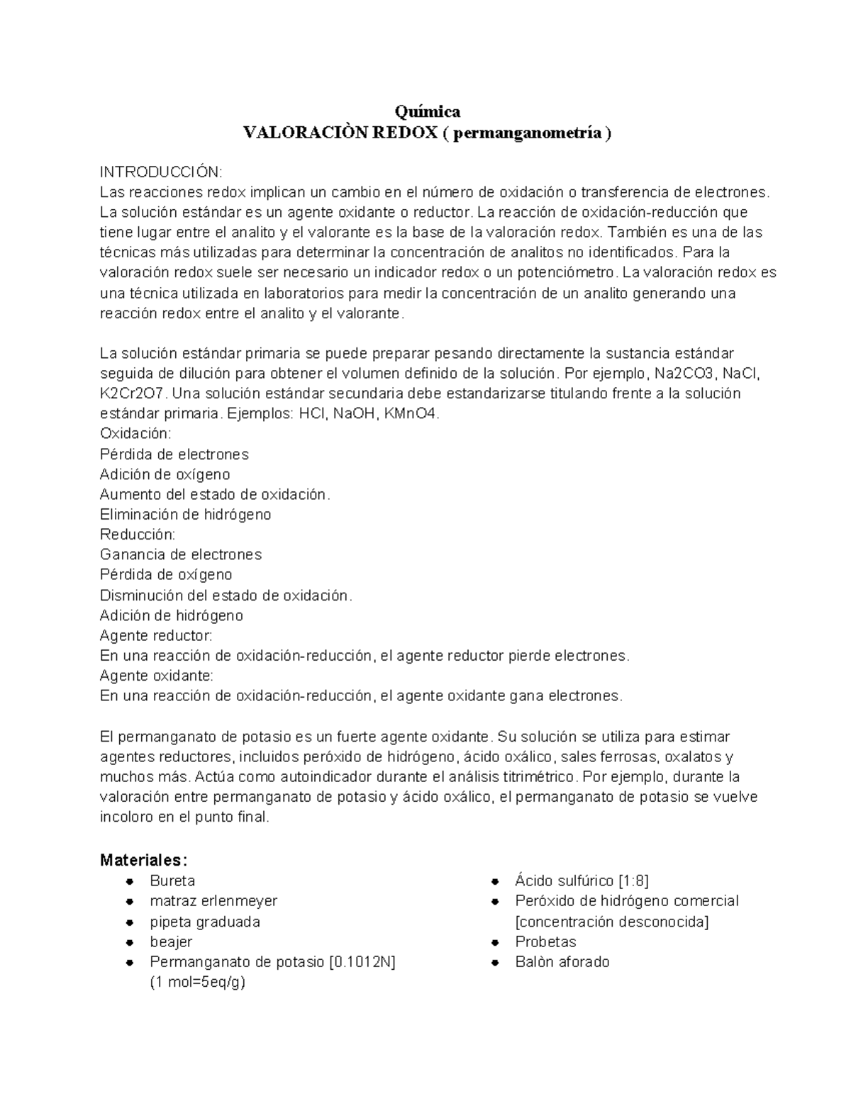 Lab 21 Chem Titration (permanganometry) - Química VALORACIÒN REDOX ...