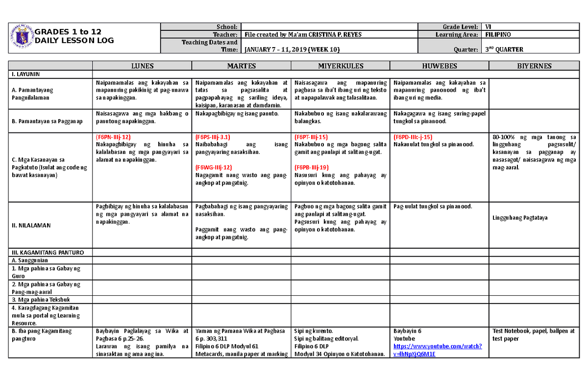 DLL Quarter 3 Week 10 Filipino 6 - GRADES 1 to 12 DAILY LESSON LOG School: Grade Level: VI ...