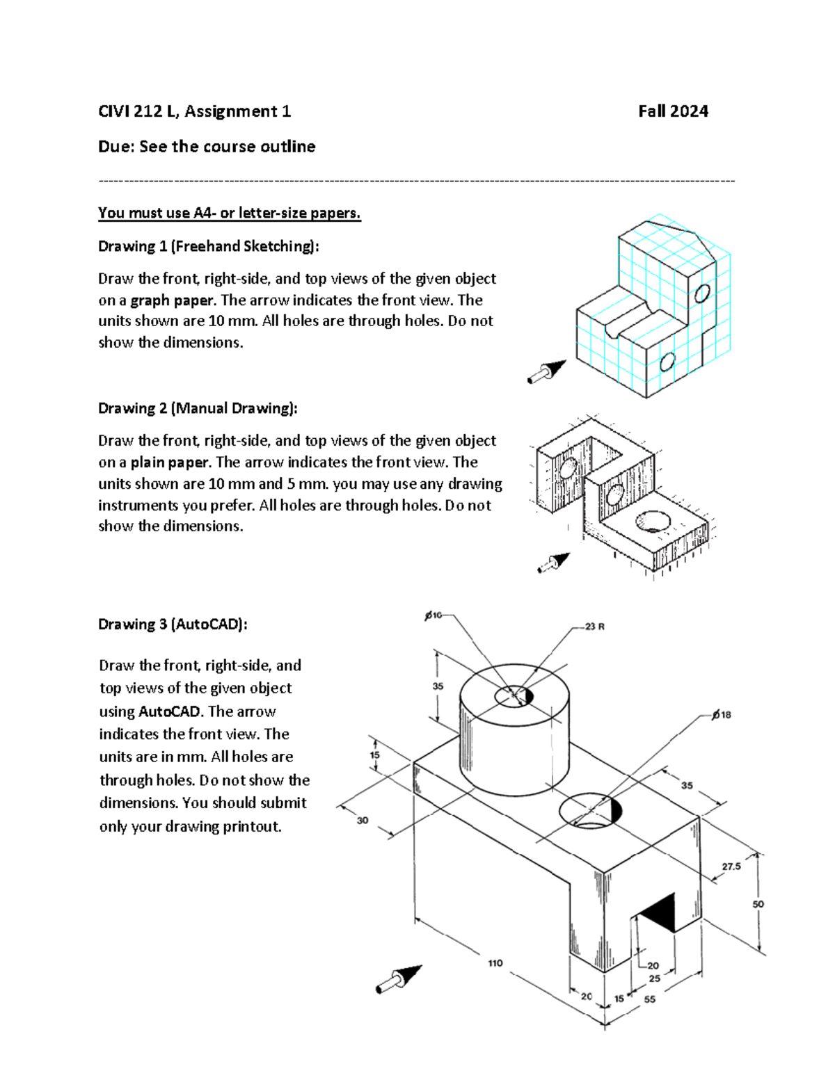 Assignment 1 - Multiview - CIVI 212 L, Assignment 1 Fall 2024 Due: See the course outline - You ...