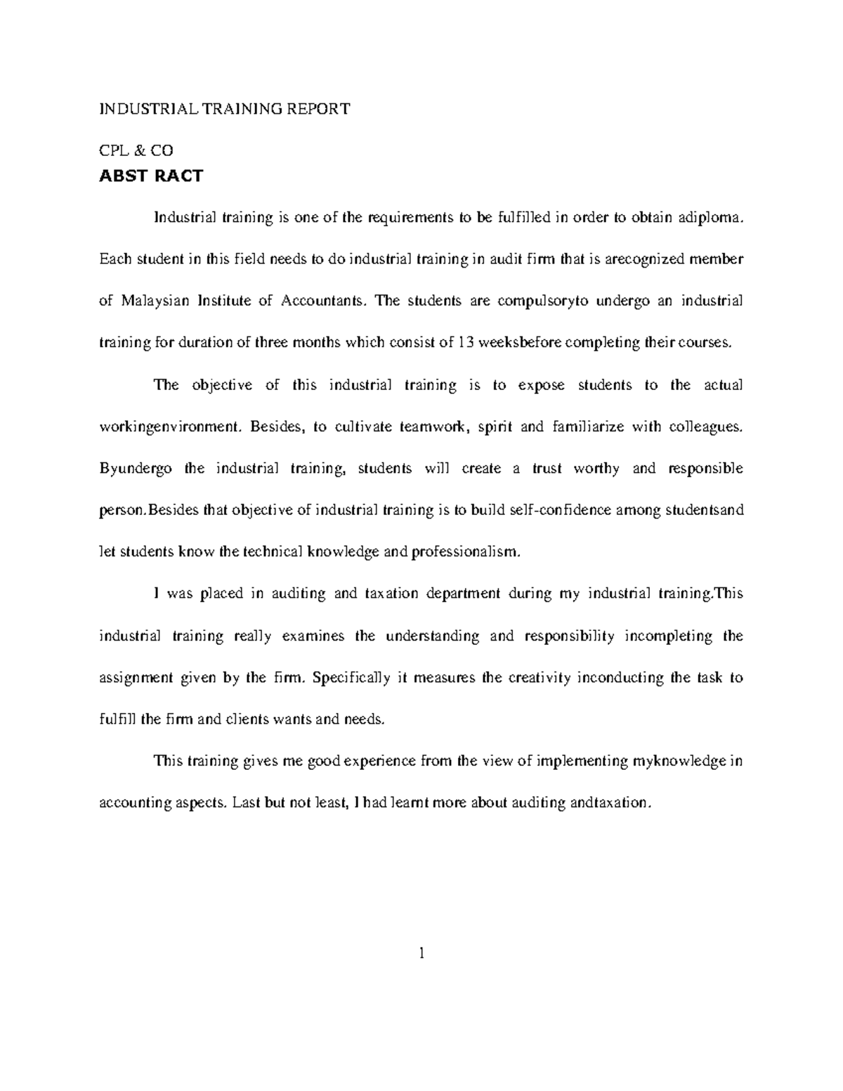 66279255 Industrial Training Report - CPL & CO ABST RACT Industrial ...