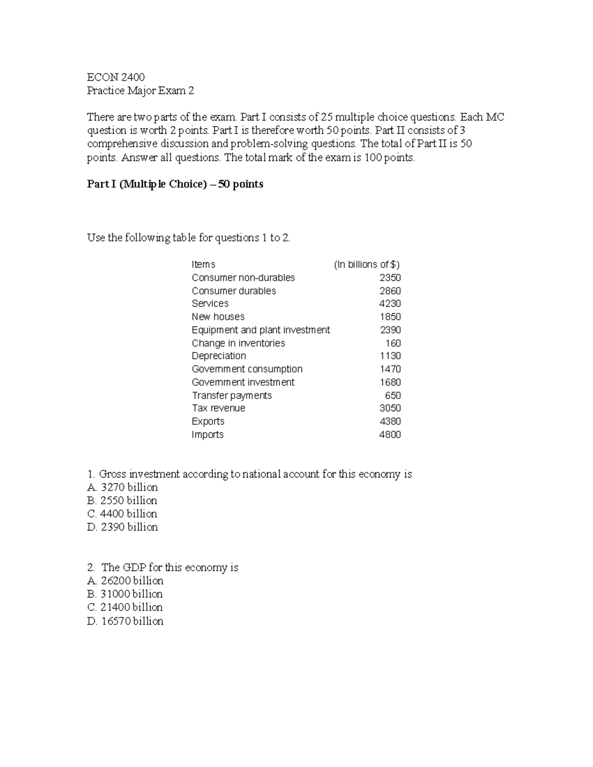Practice Major Exam 2 on Ch 2, 3 and 6 - ECON 2400 Practice Major Exam ...