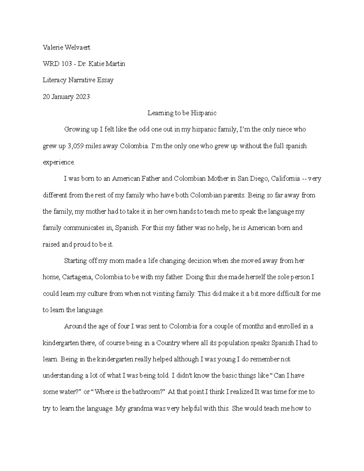 Learning to be Hispanic - Literacy Narrative Essay - Valerie Welvaert ...