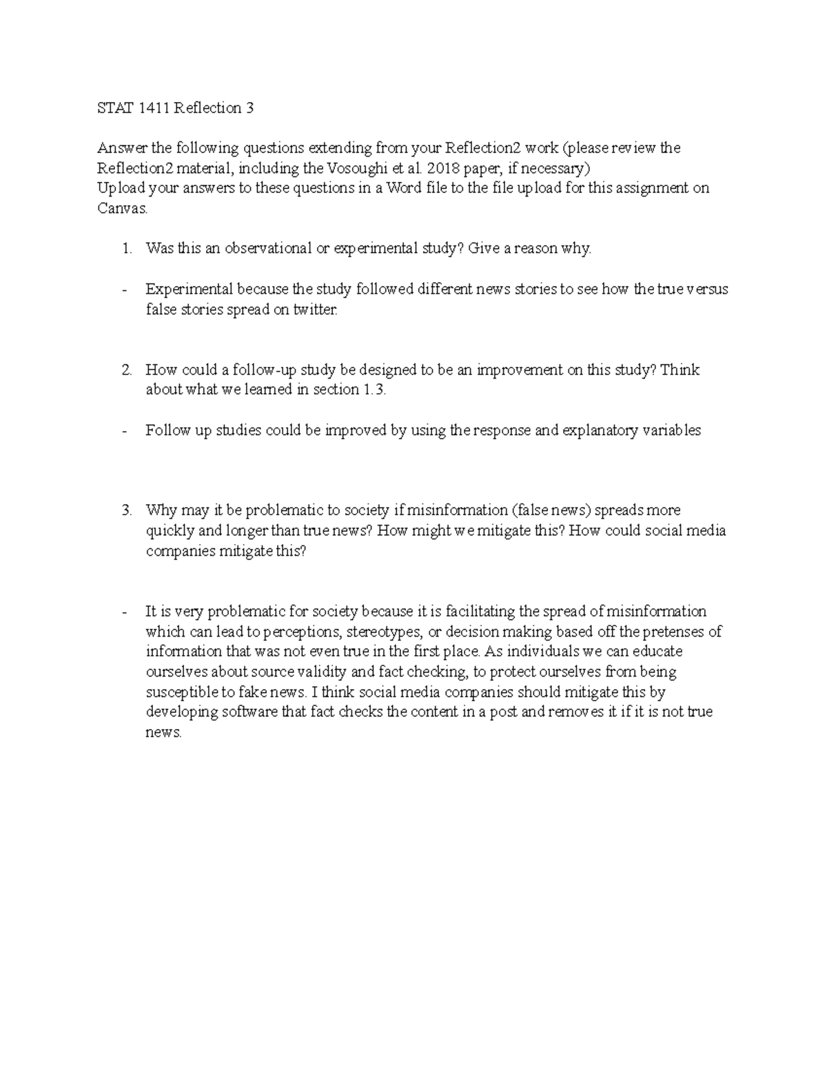 STAT- reflection 3 - stats - STAT 1411 Reflection 3 Answer the following questions extending ...